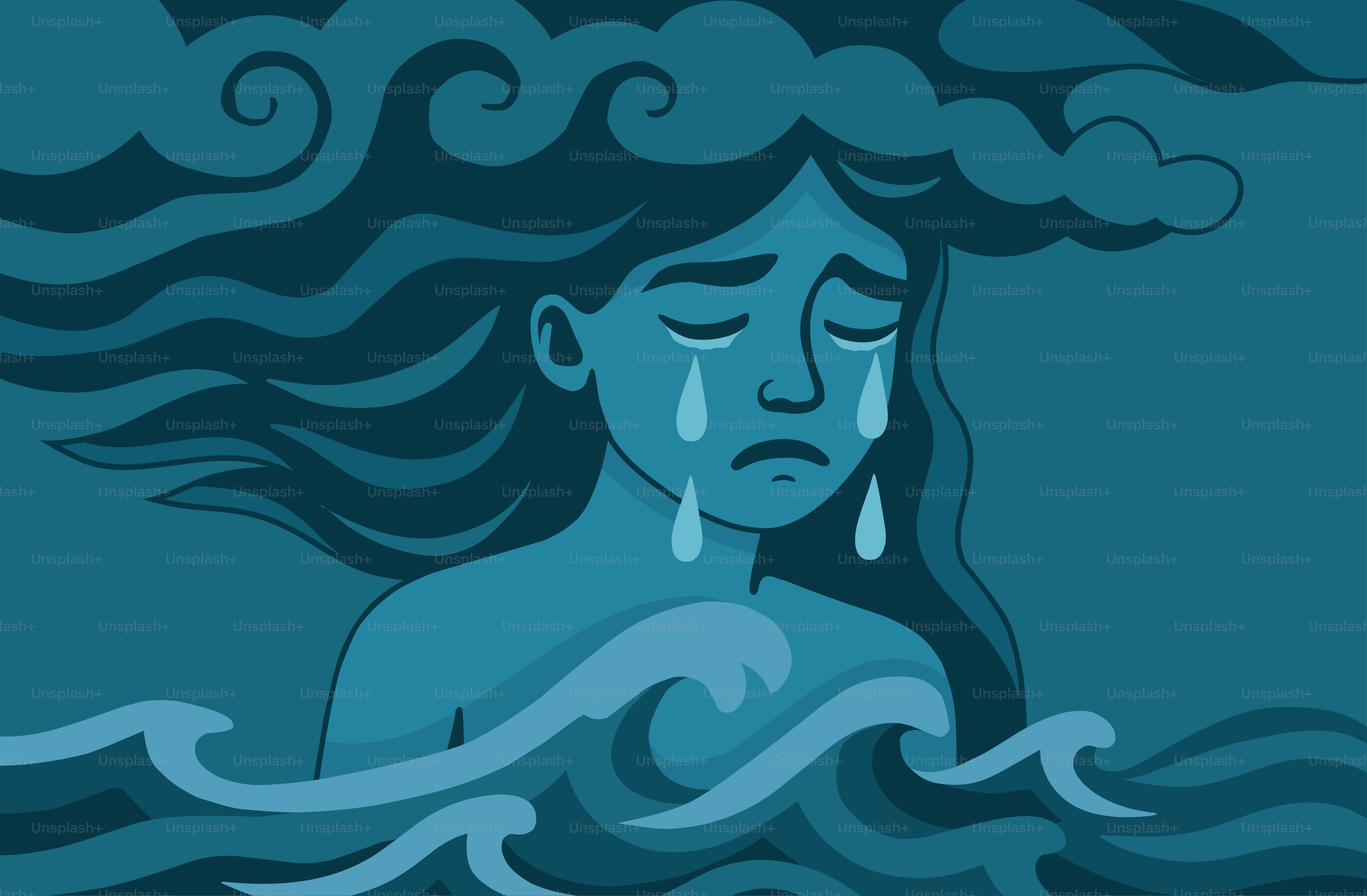 Una mujer triste se ahoga en agua y lágrimas. vector – Imagen de ...