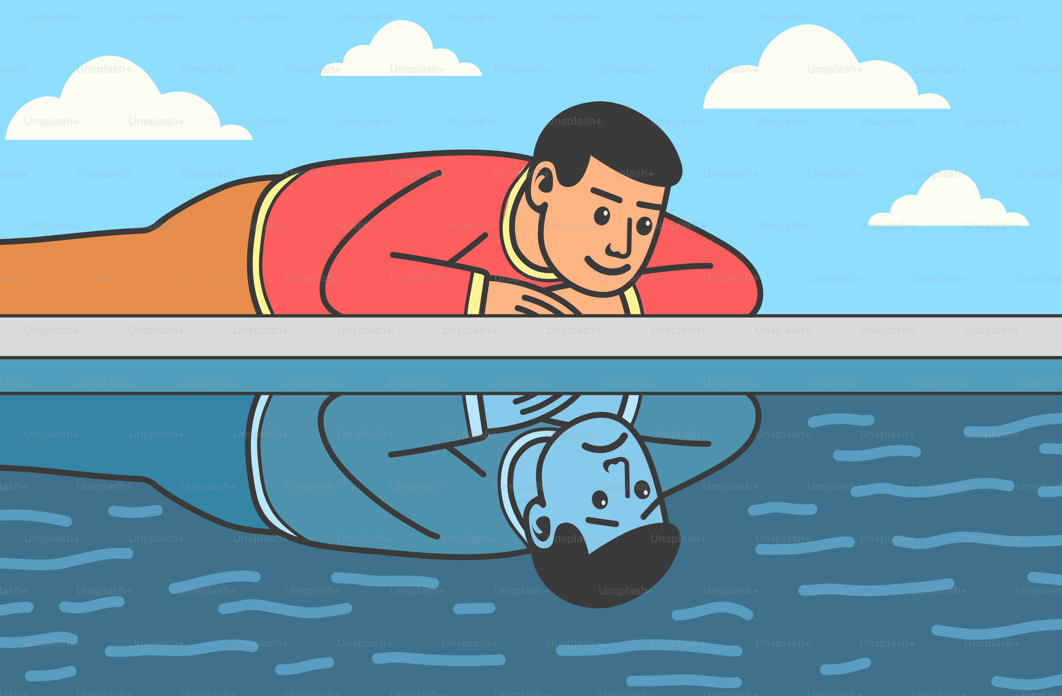 El hombre mira su reflejo en el agua. vector – Imagen de Estético en ...