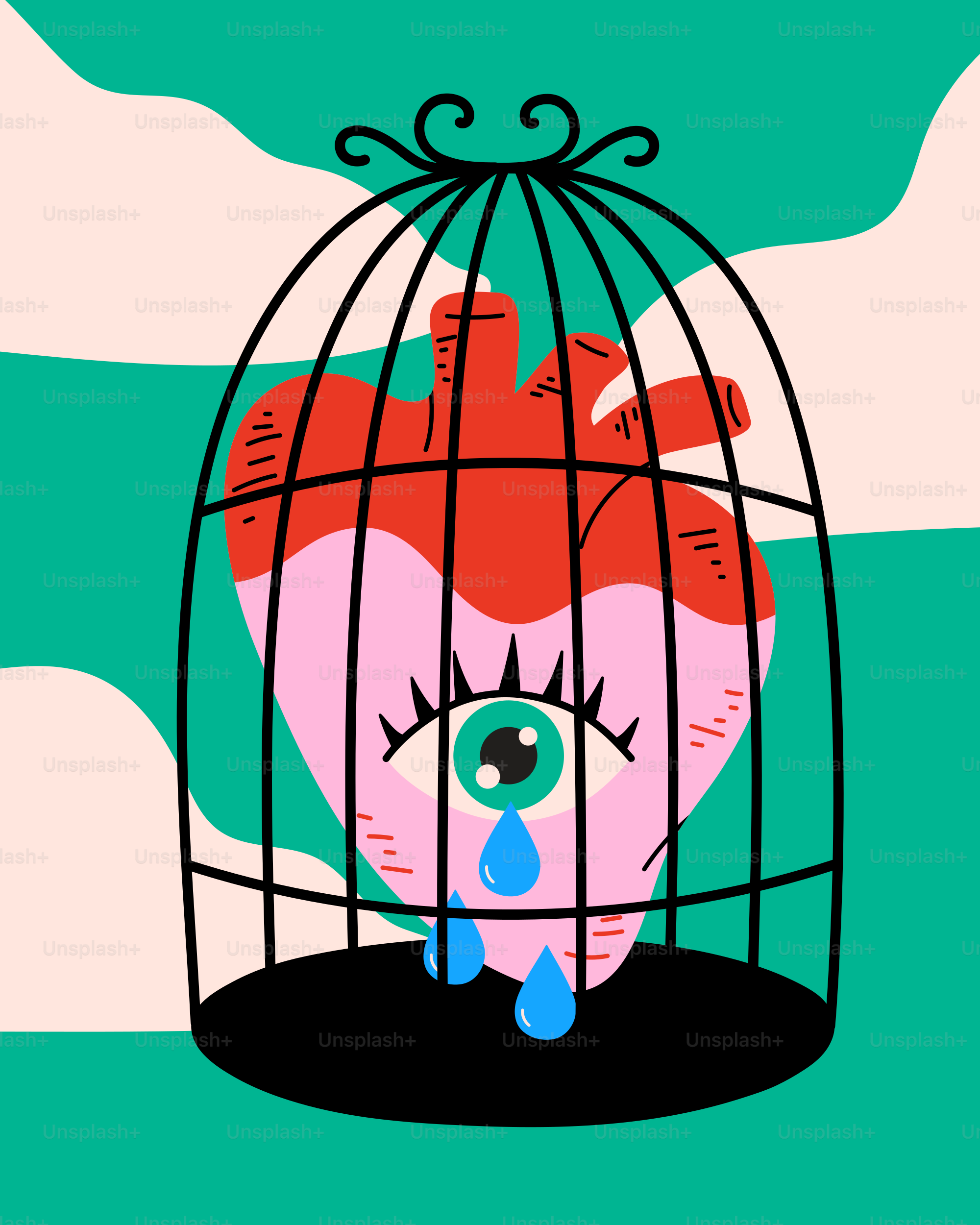 Un corazón llorando está atrapado dentro de una jaula. vector – Imagen ...
