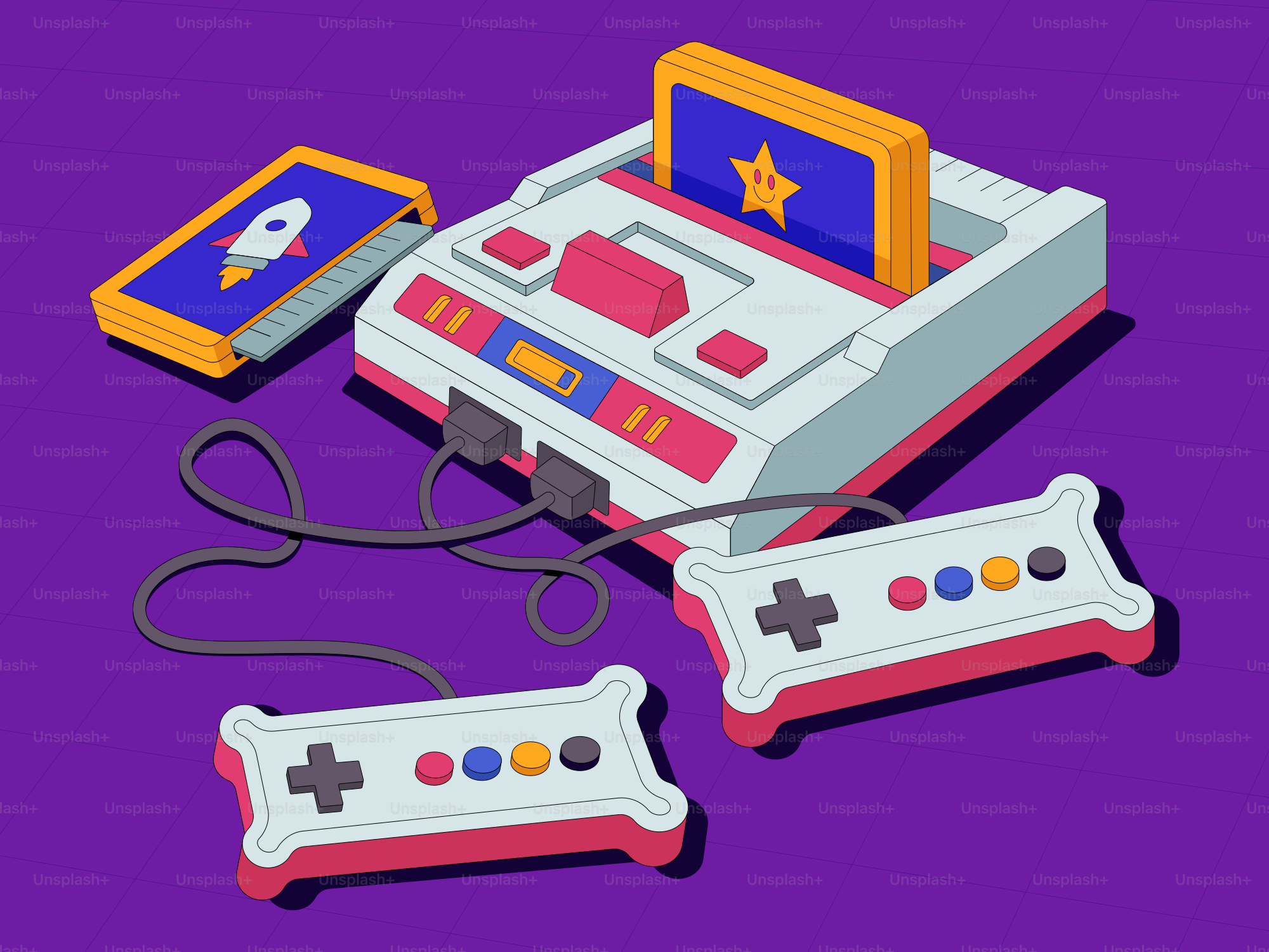 Retro video game console and controllers are shown. vector – 90s Image ...