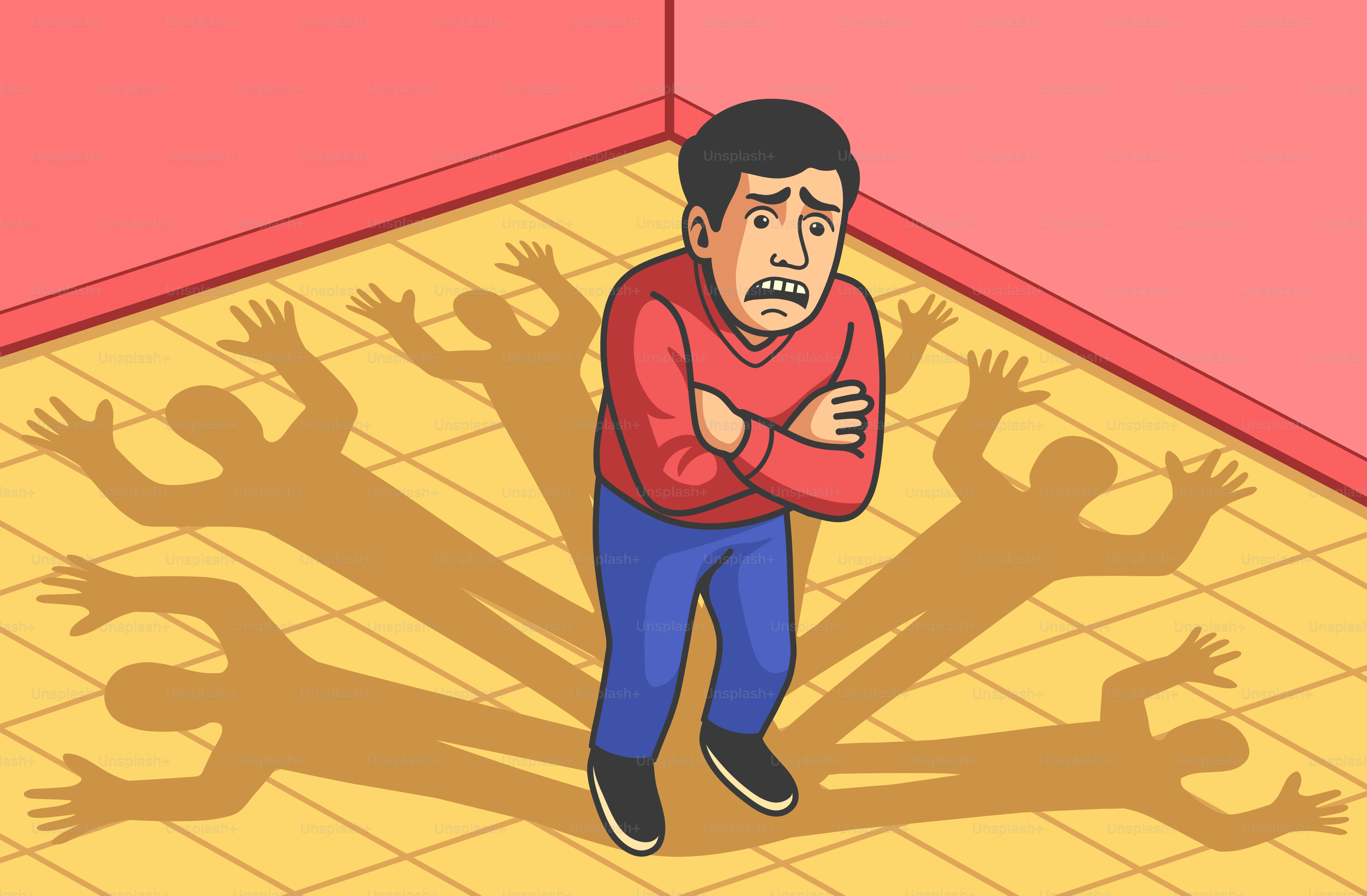 Man looks scared, surrounded by scary shadows. vector – Illustration ...