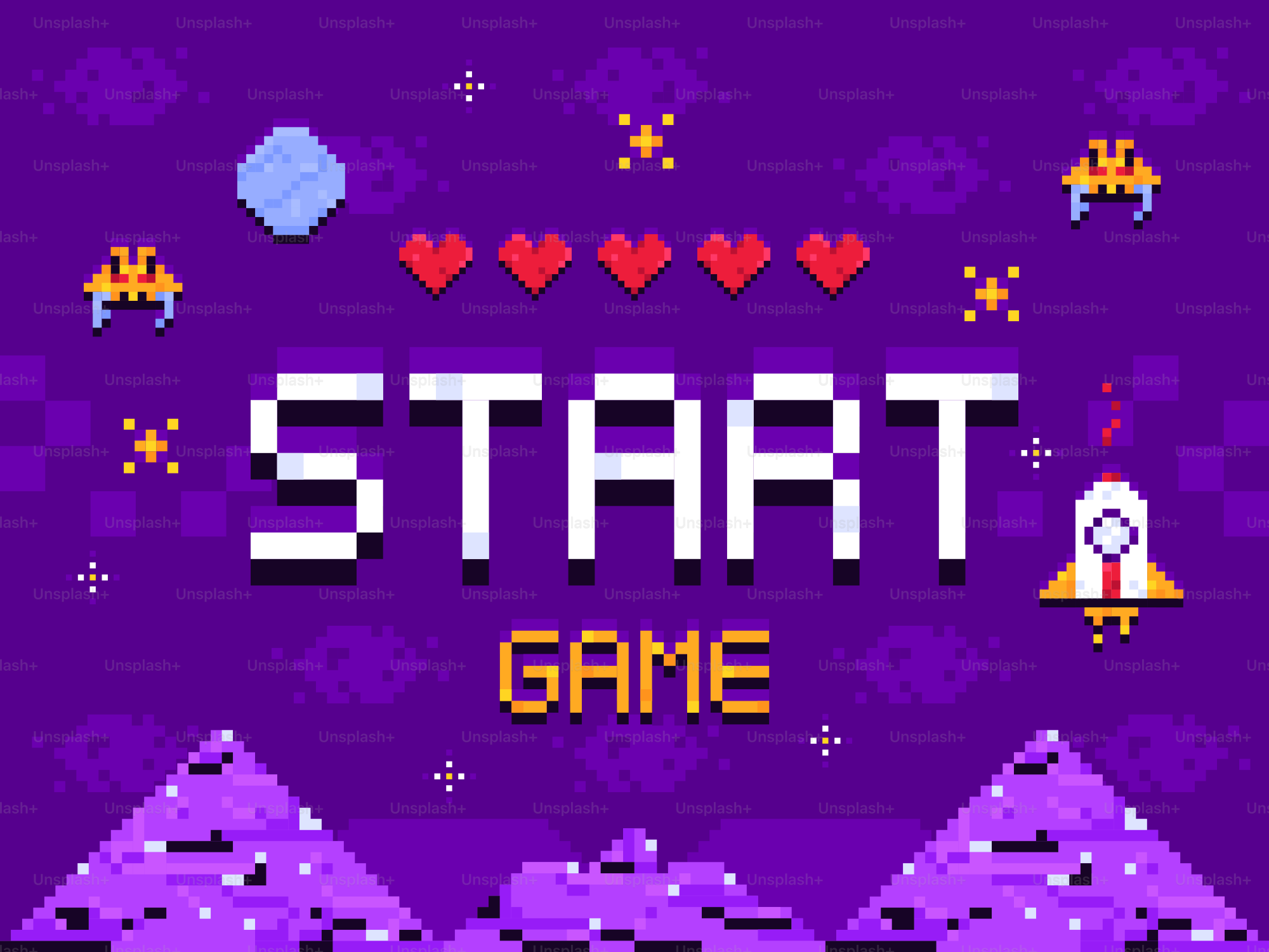 Pixelated game screen with "start game" text. vector – 90s Image on ...