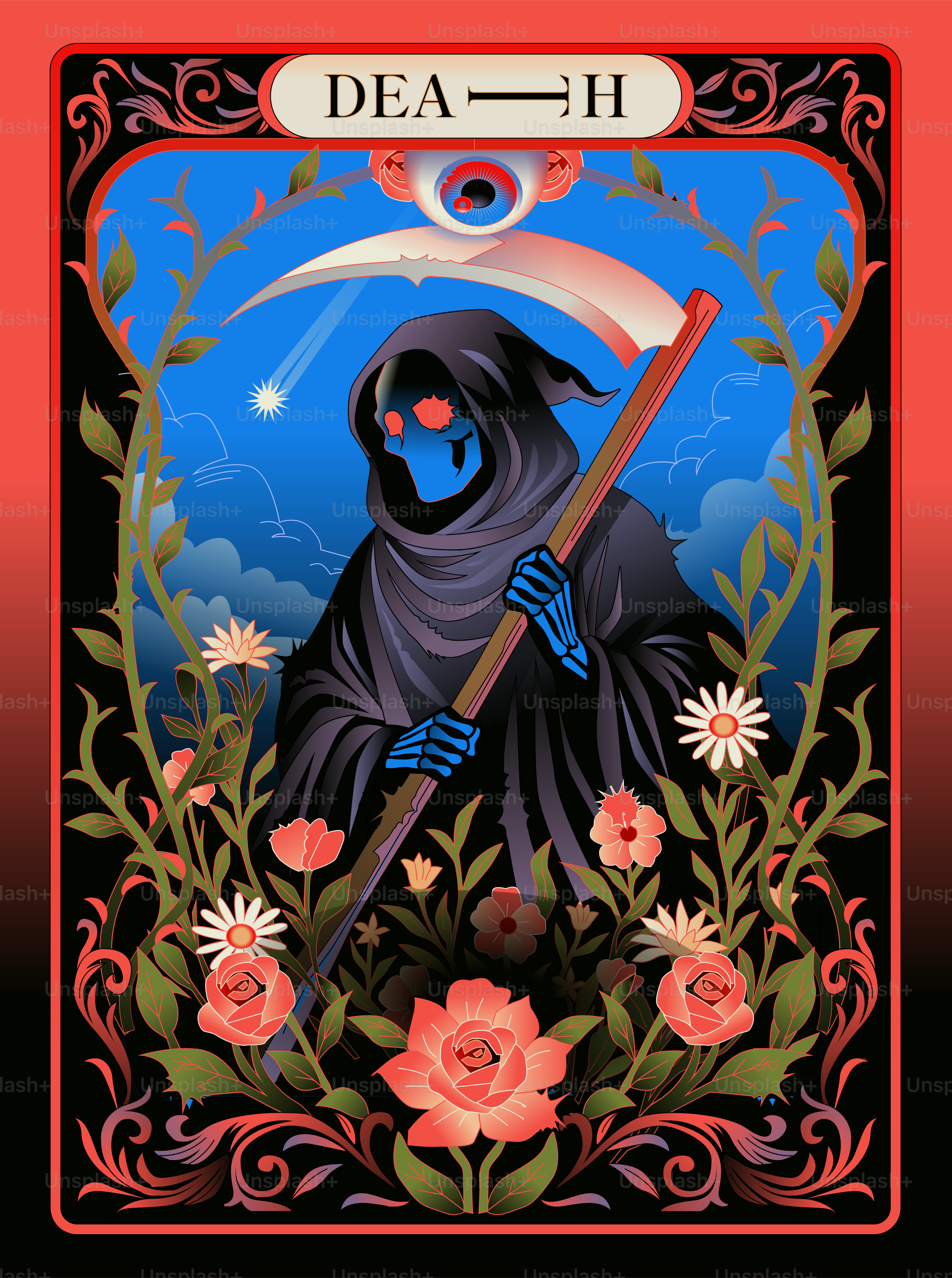 La parca está lista en un vibrante marco floral. vector – Imagen de ...