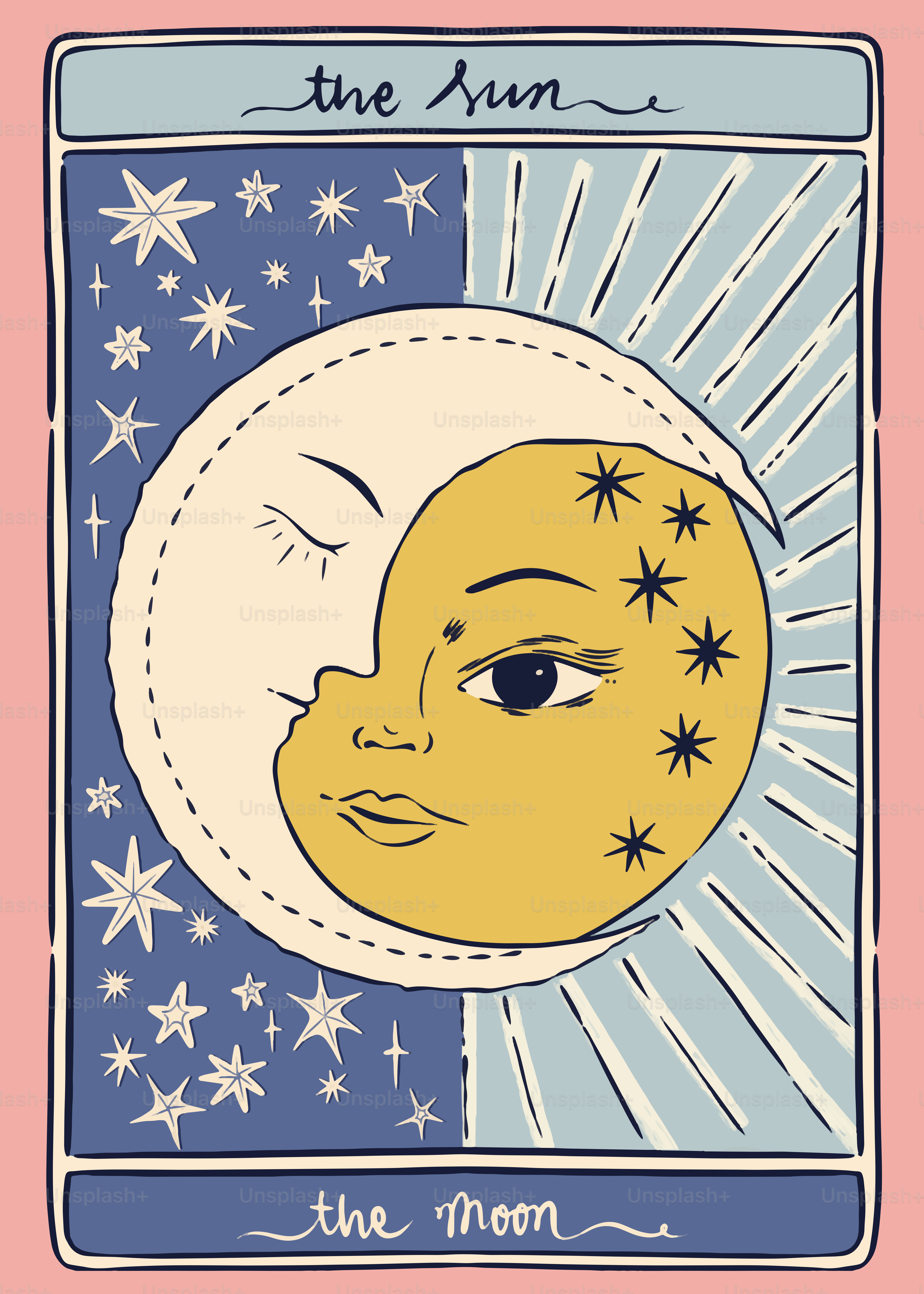 La carta del tarot del sol y la luna está bellamente representada ...