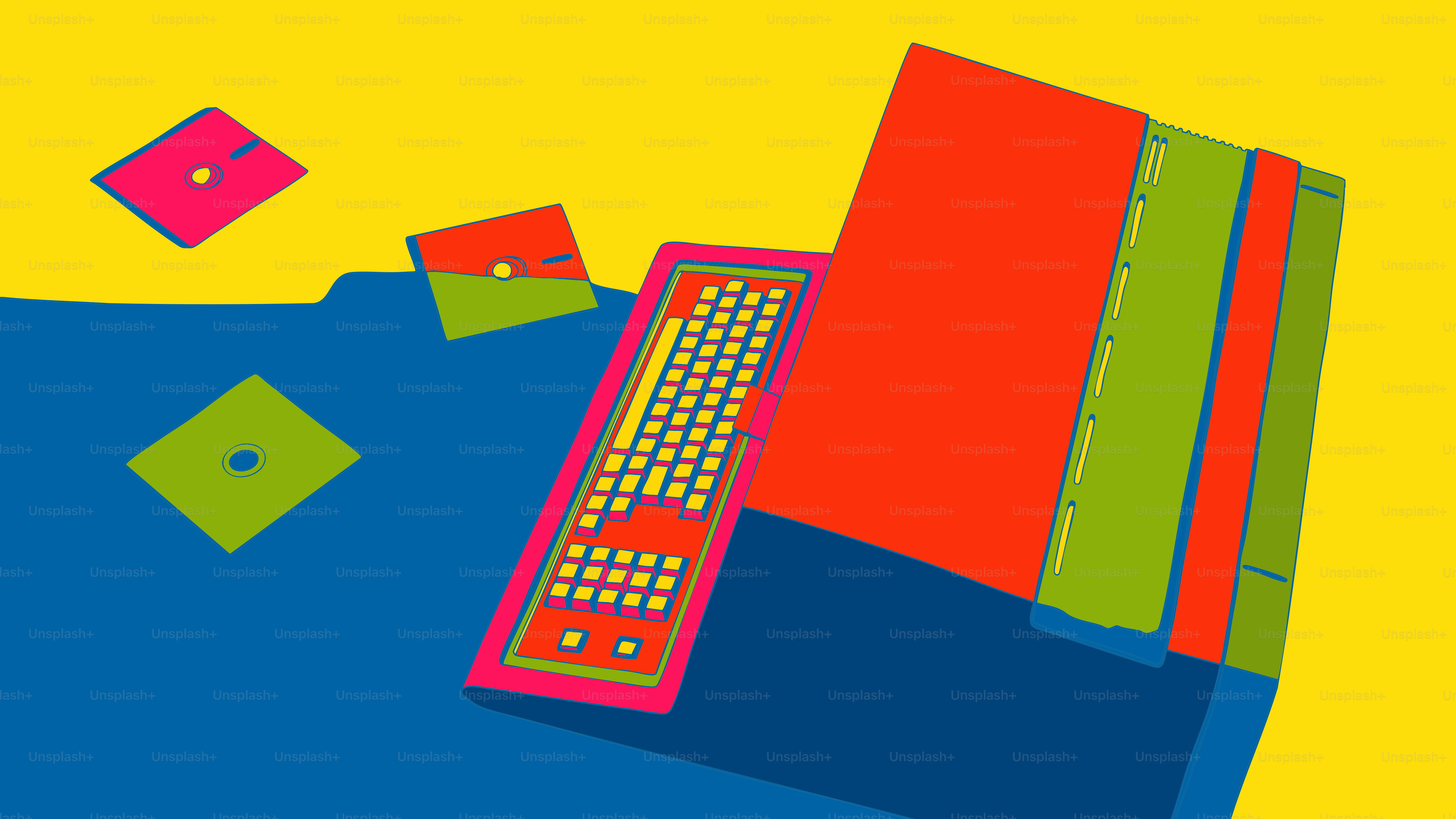 Colorful keyboard, computer, and geometric shapes. vector – 90s Image ...