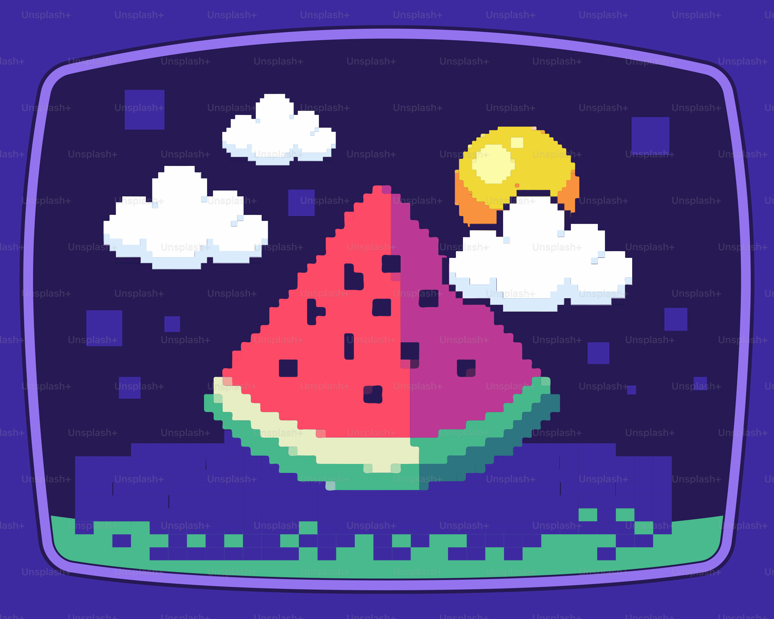 A pixelated watermelon slice under a night sky. vector – 90s Image on ...
