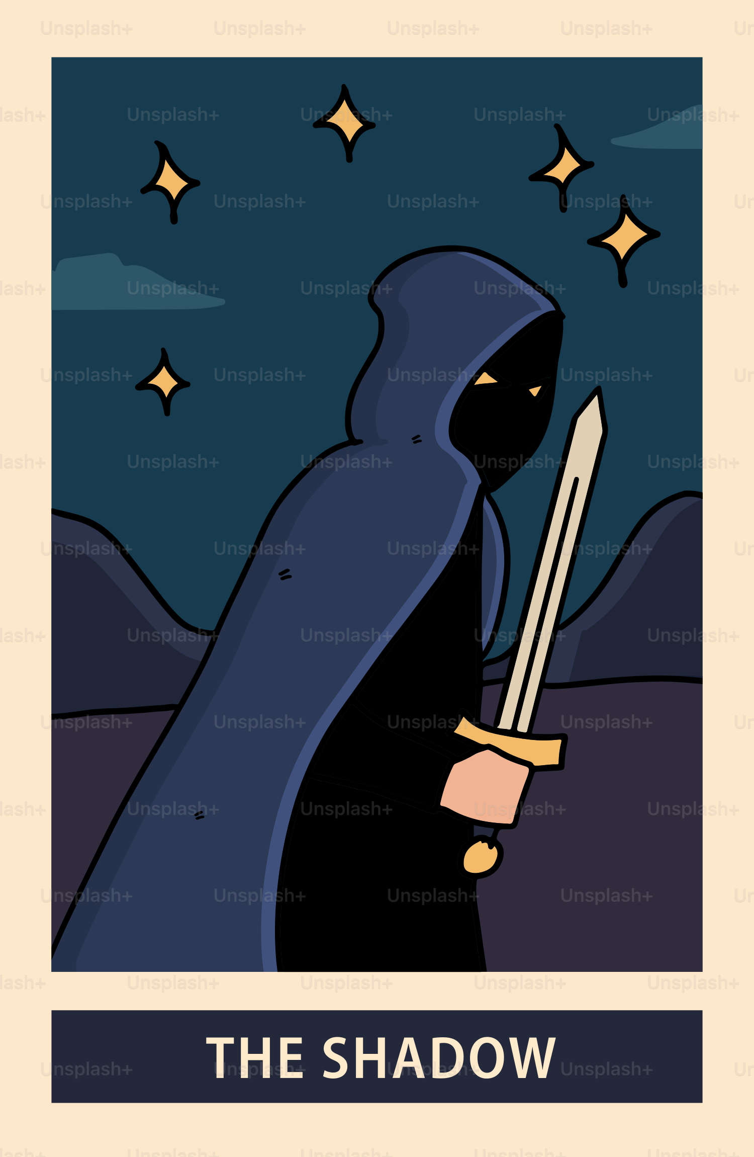 A shadowy figure holds a sword under the night sky. vector – Spiritual ...
