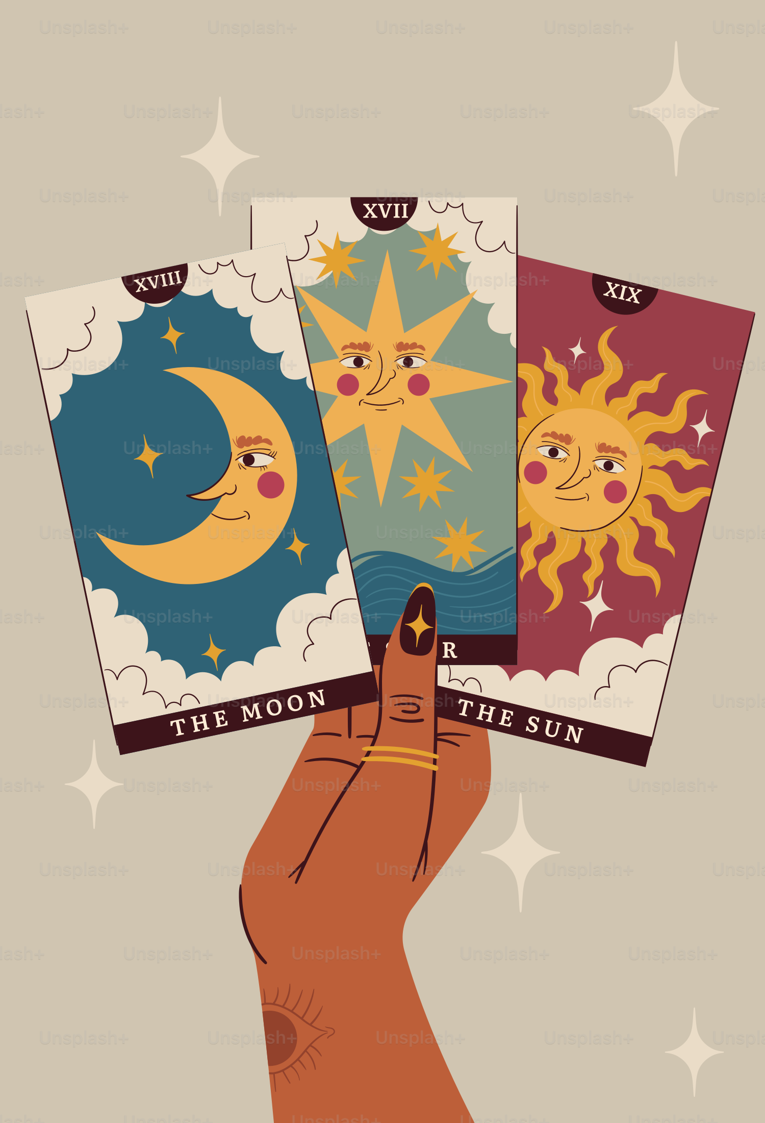 Hand holding tarot cards depicting celestial bodies. vector – Spiritual ...