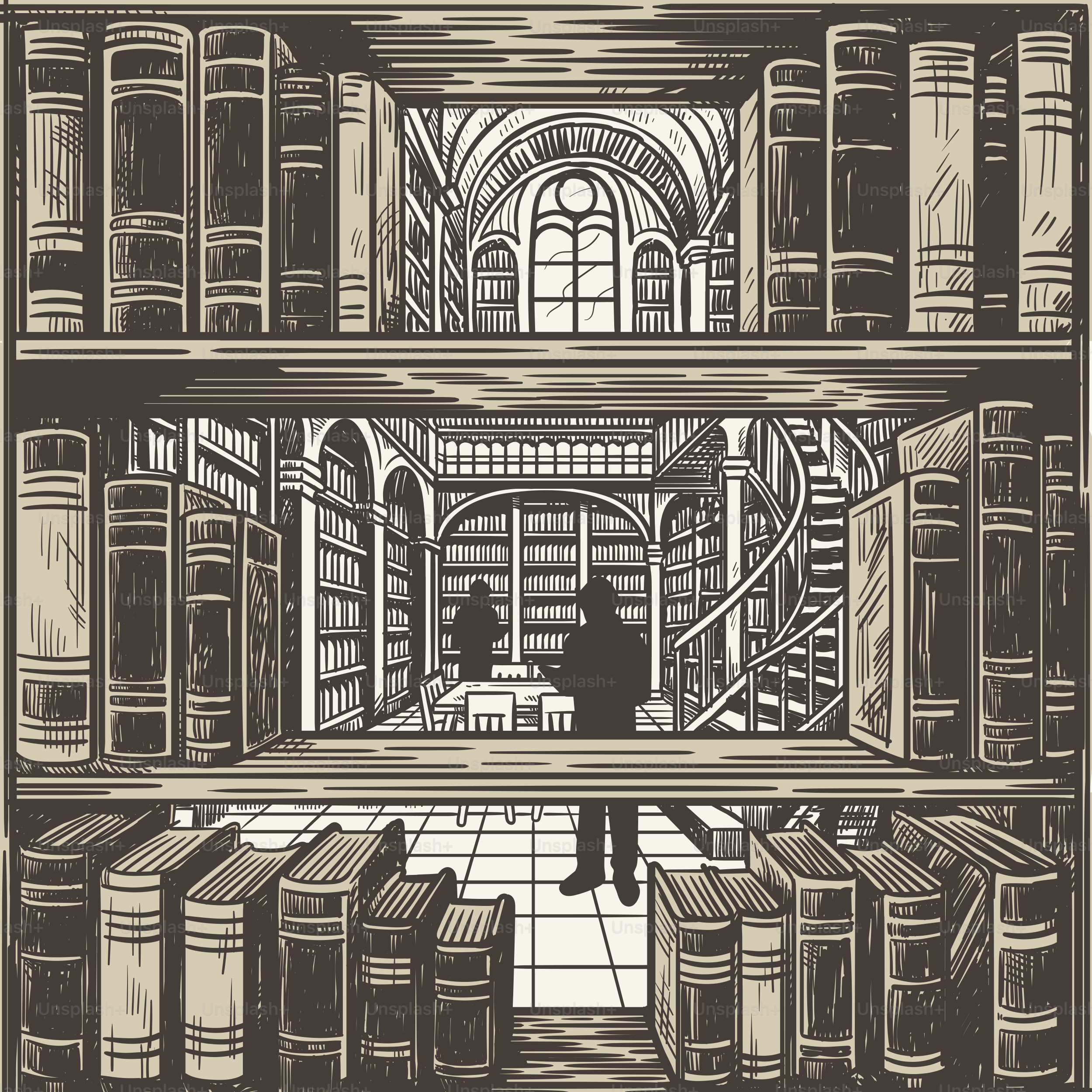 Bookshelves frame a glimpse inside a beautiful library. vector – Art ...