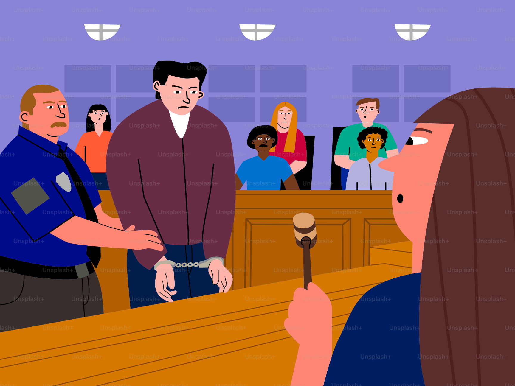 A defendant is in court, under arrest. vector – Illustration Image on ...
