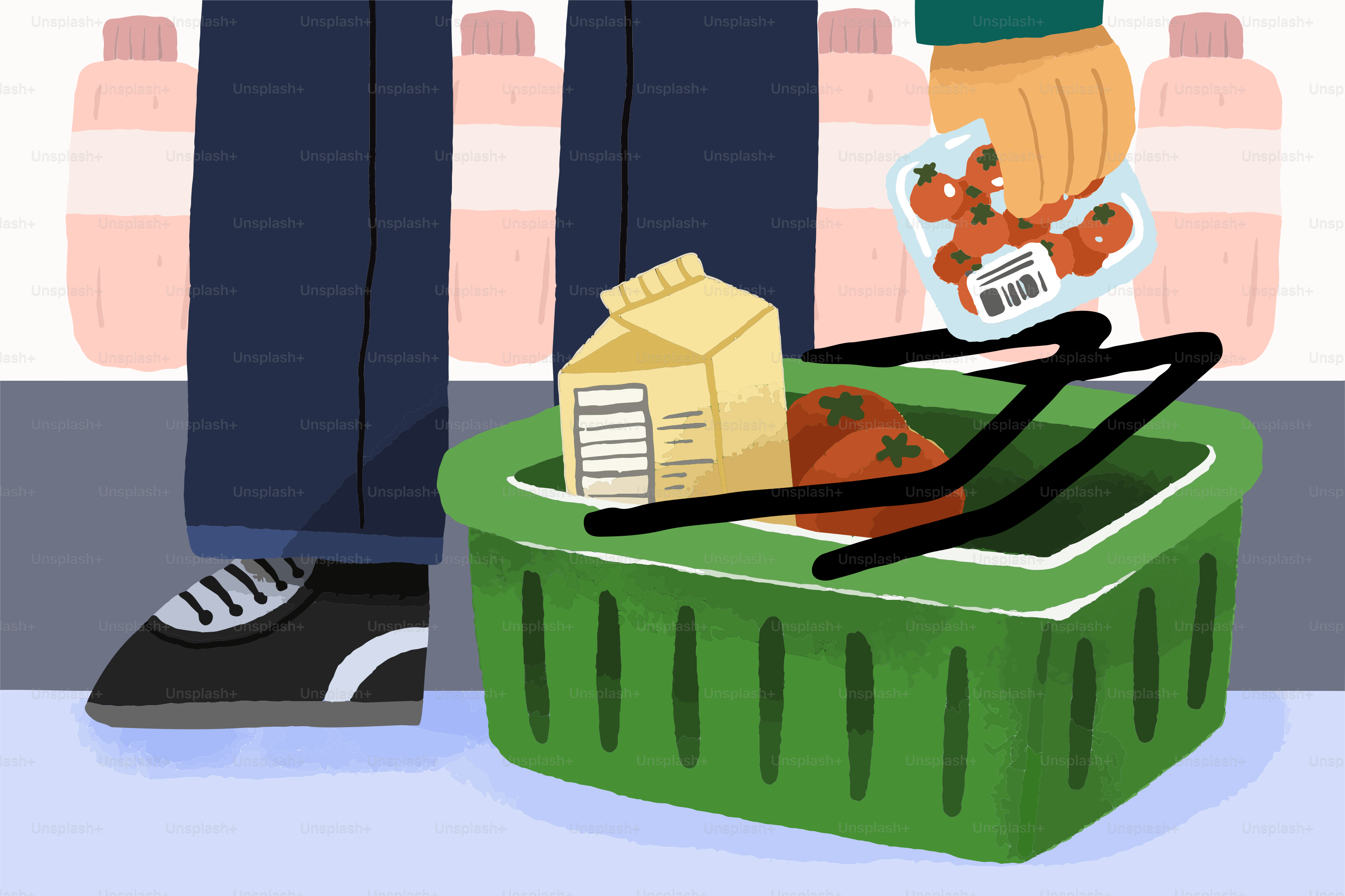 Vektor Bahan makanan termasuk ikan, hasil bumi, dan roti. – Gambar ...