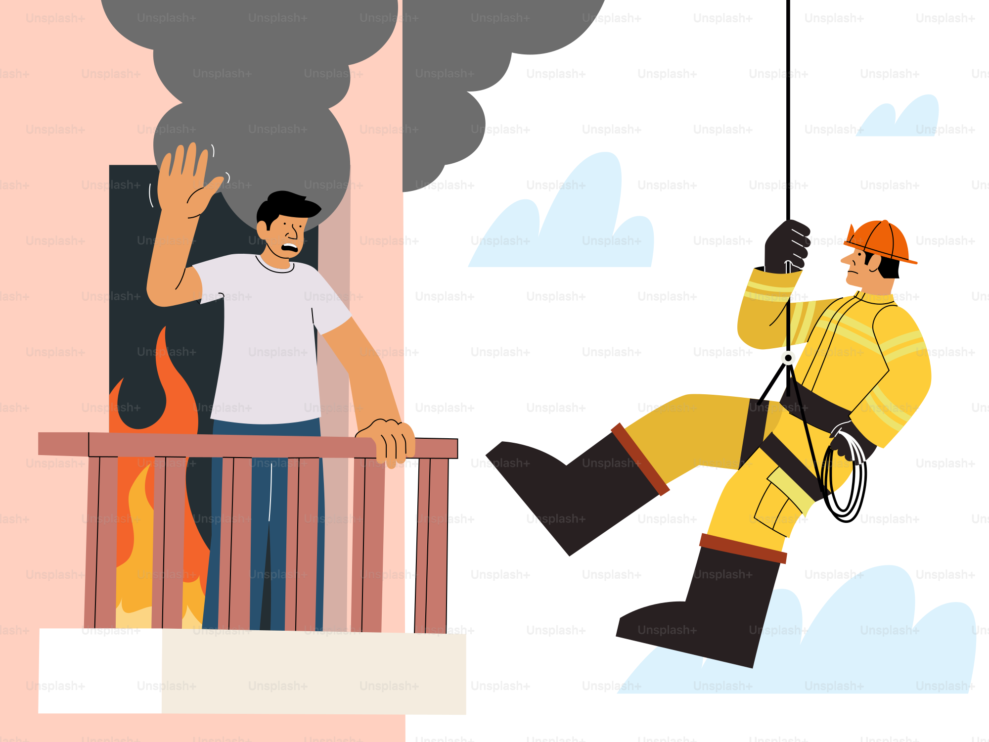 Los bomberos rescatan a una persona de un edificio en llamas. vector ...