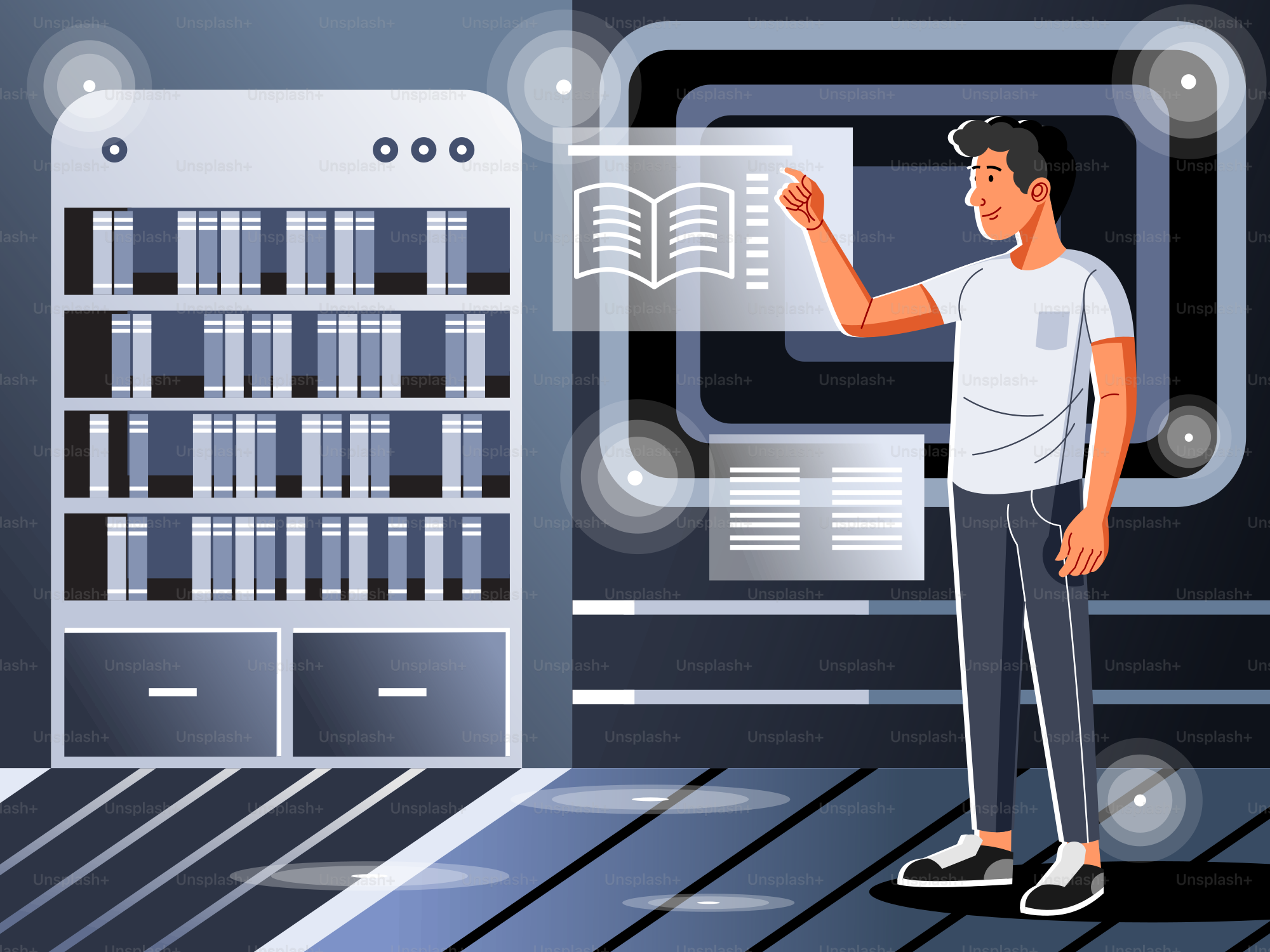 Vektor Manusia berinteraksi dengan buku virtual di perpustakaan ...