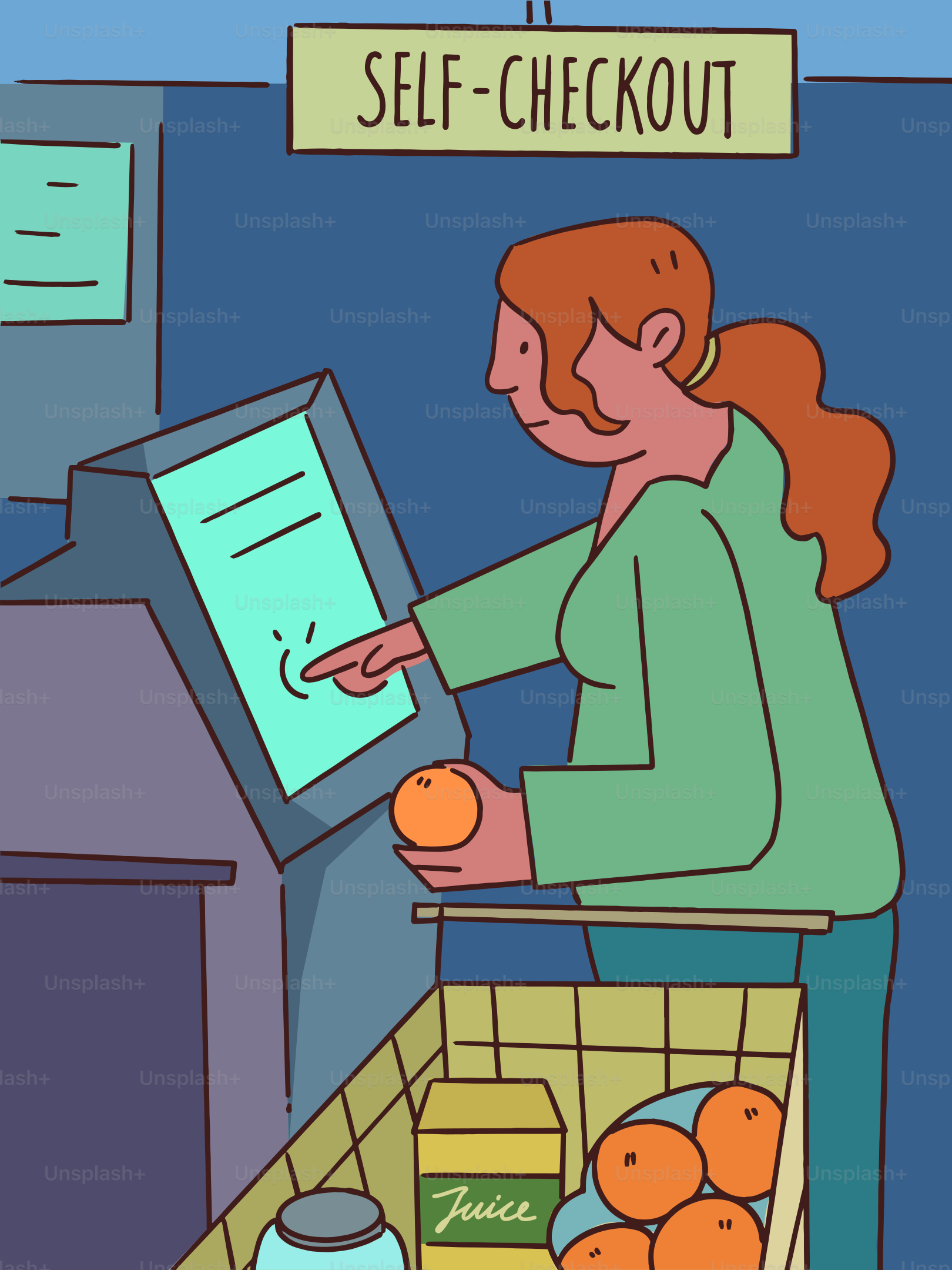 A woman is using the self-checkout machine. vector – Illustration Image ...