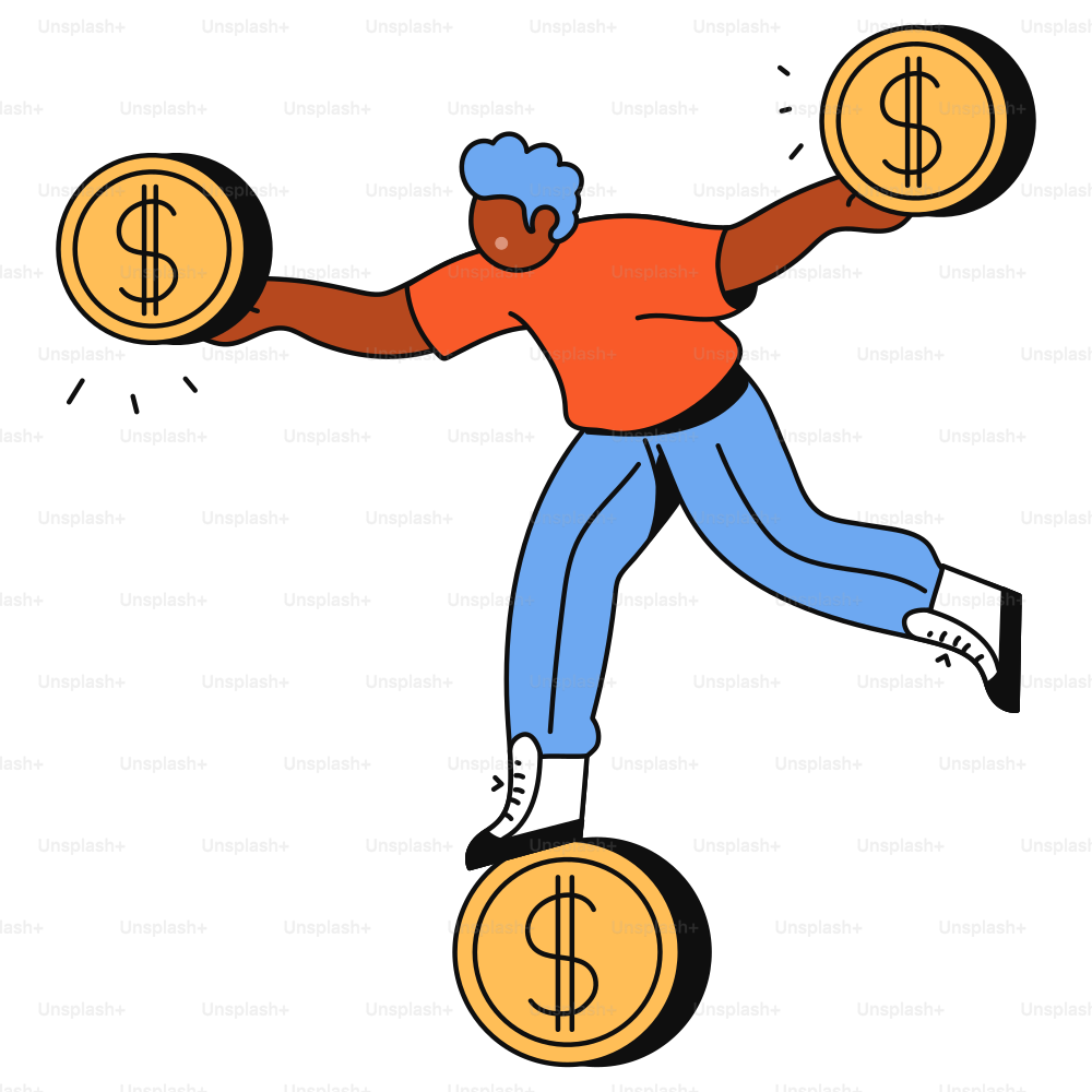 Person balancing on coins with other money. vector – Money Image on ...
