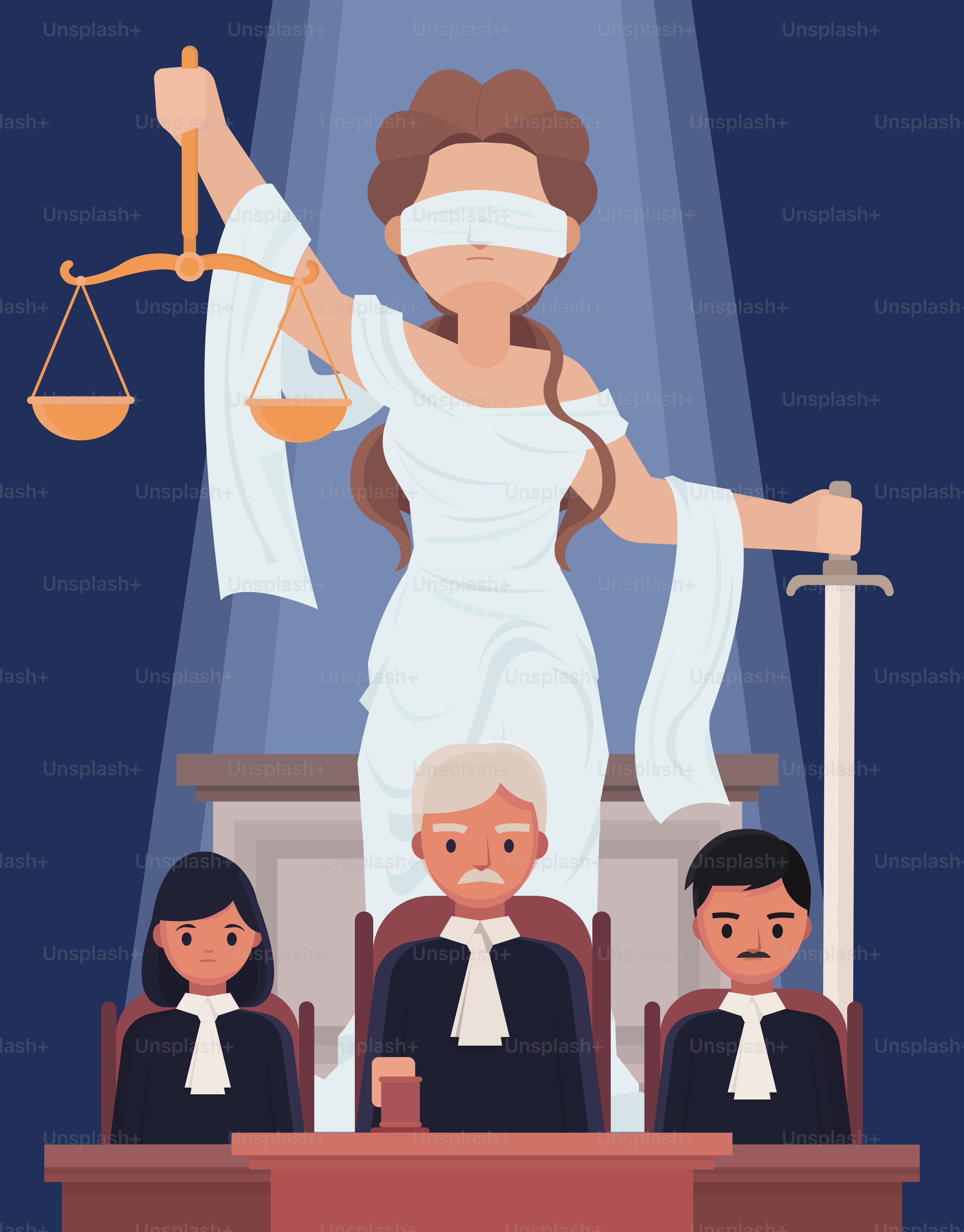 La dama de la justicia vigila la escena de un tribunal. vector – Imagen ...