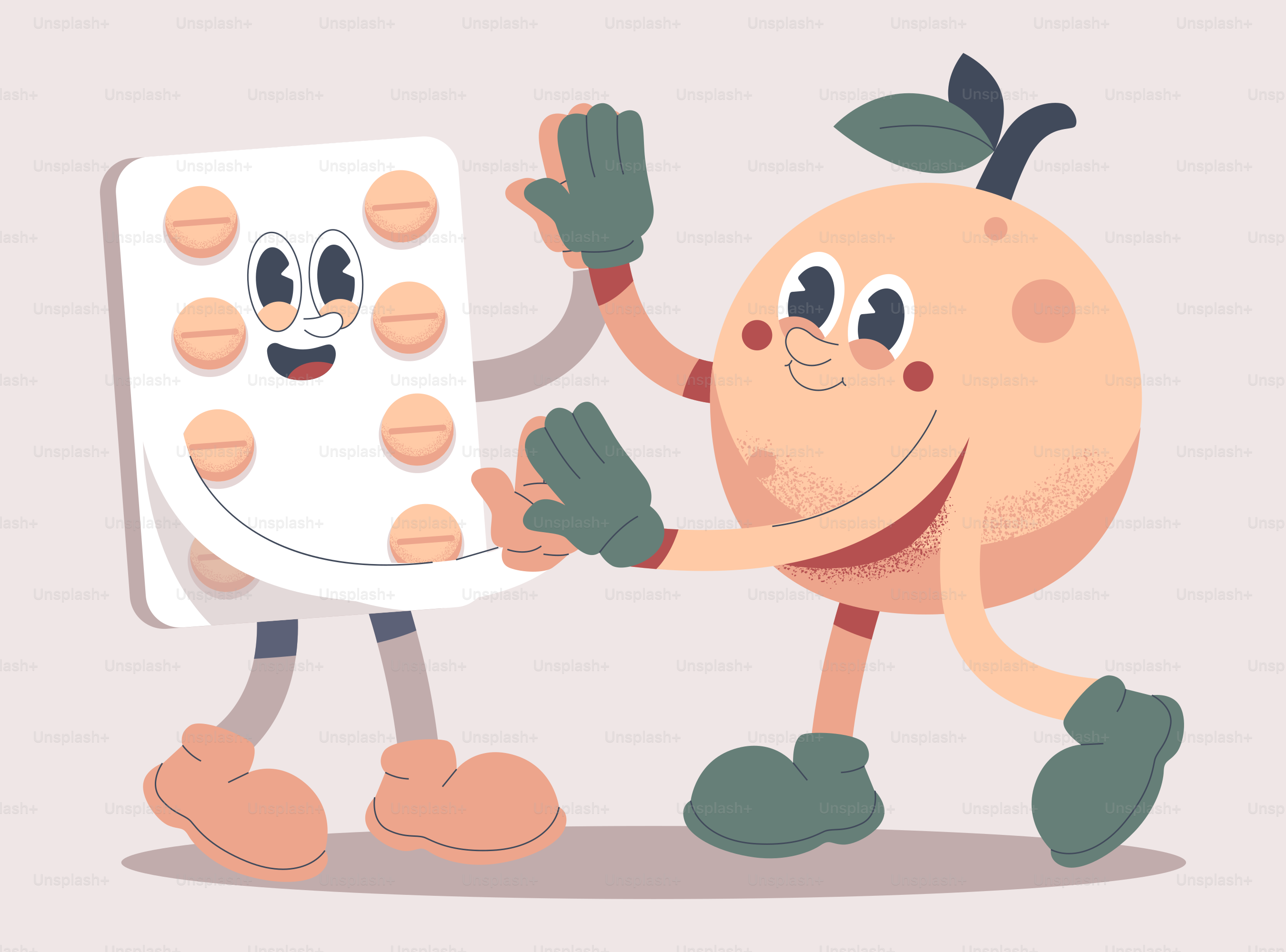 Vektor Pil dan jeruk saling memberi high five. – Gambar Kesehatan di ...