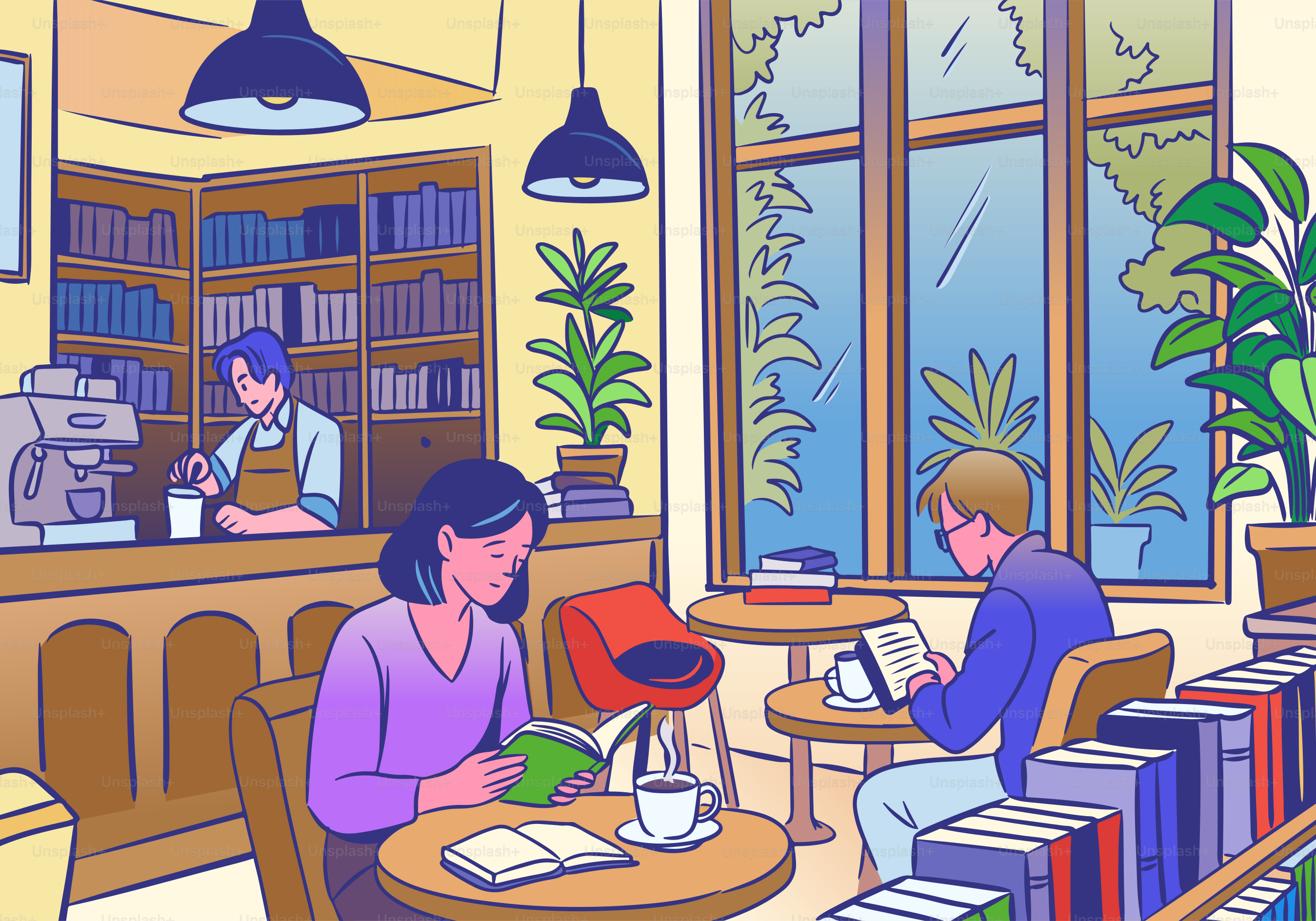 People are reading and enjoying coffee in a cozy cafe. vector – Books ...