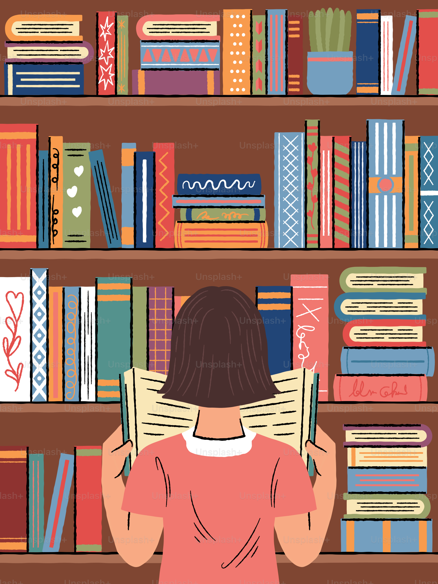 A person reads a book in front of bookshelves. vector – Books Image on ...