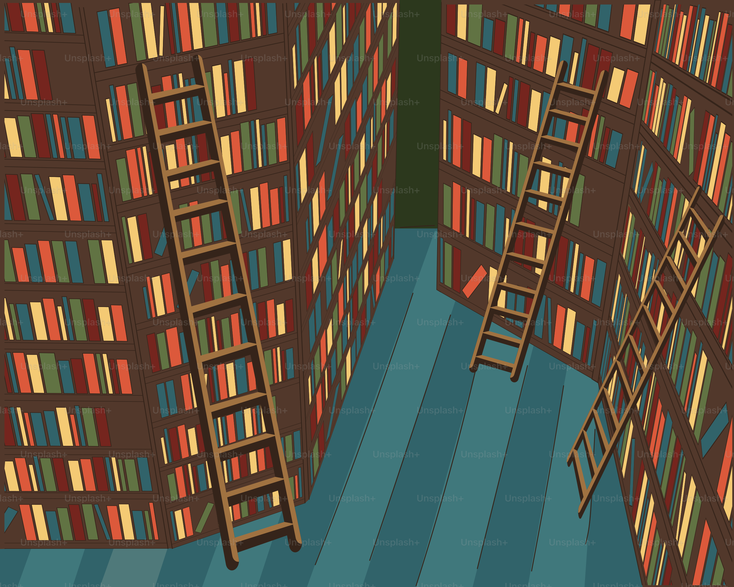 Bookshelves and ladders fill a quiet library. vector – Space Image on ...