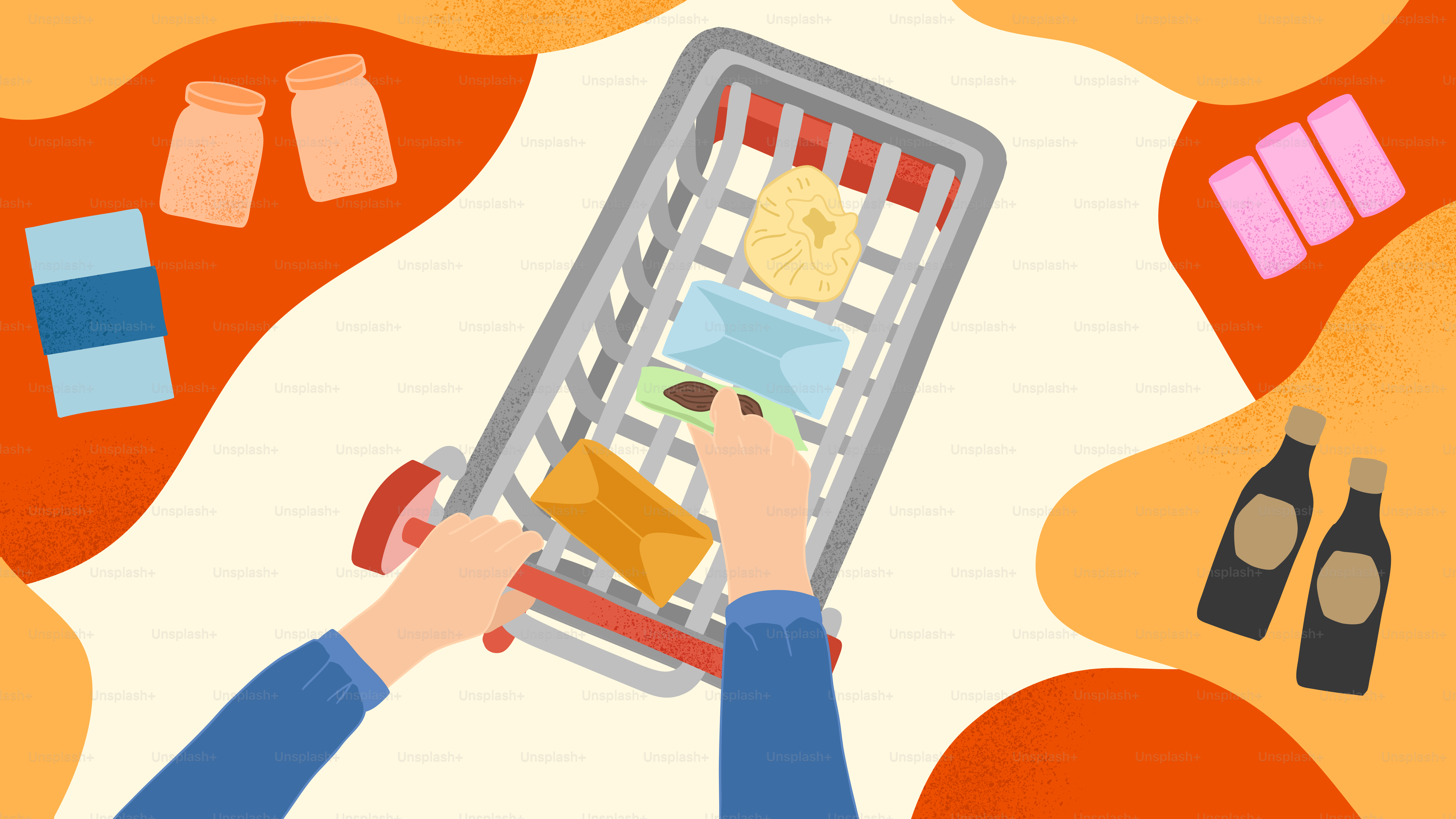 Person pushing shopping cart with groceries. vector – Illustration ...