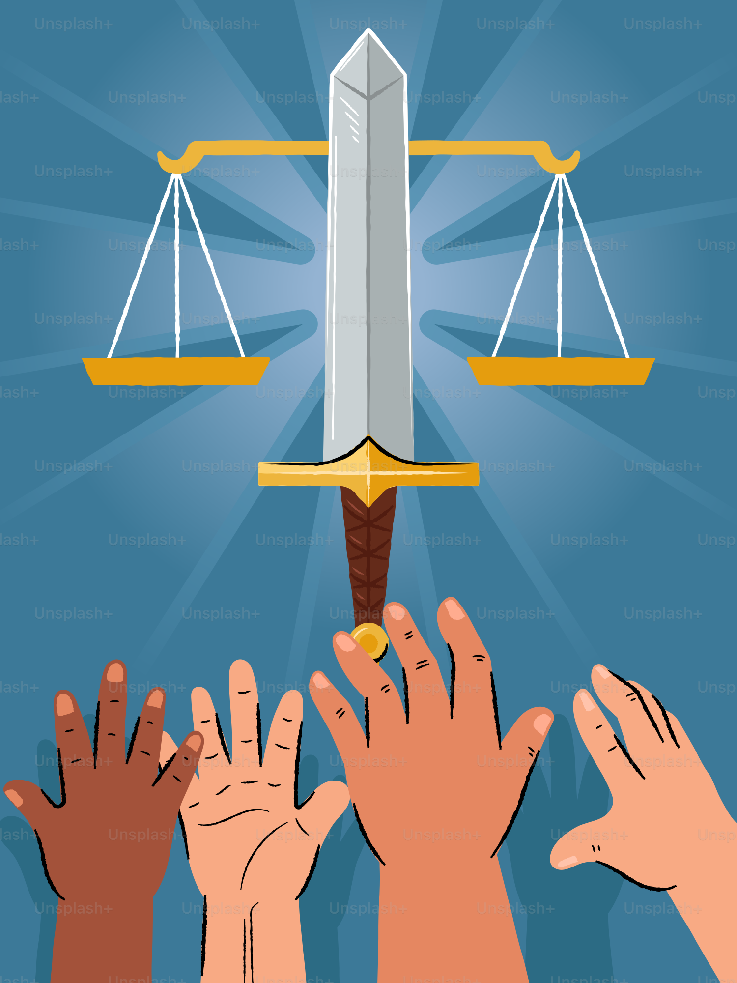 Hands reaching for justice with a sword and scales. vector – Law Image ...