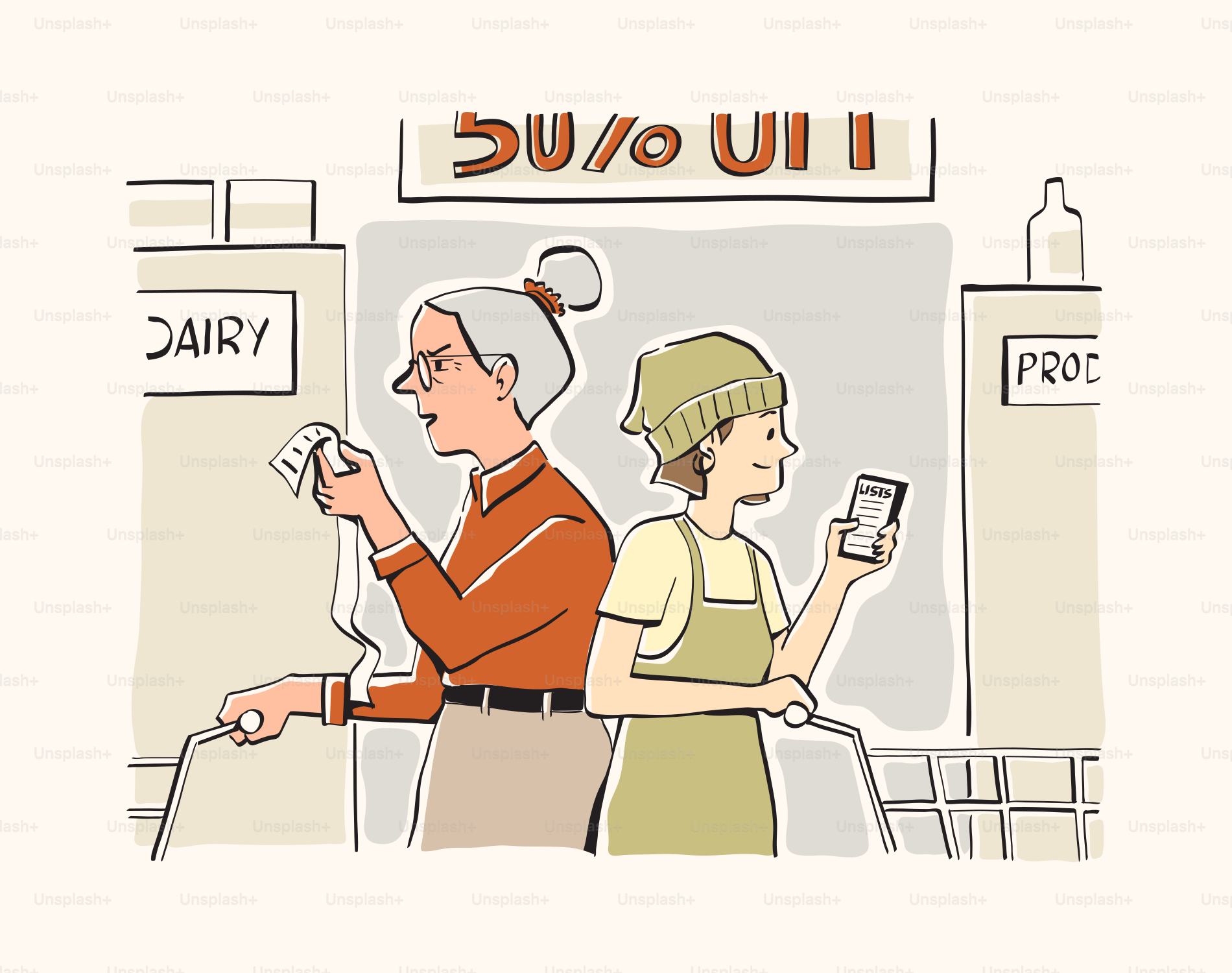 Shoppers compare prices at a grocery store. vector – Illustration Image ...