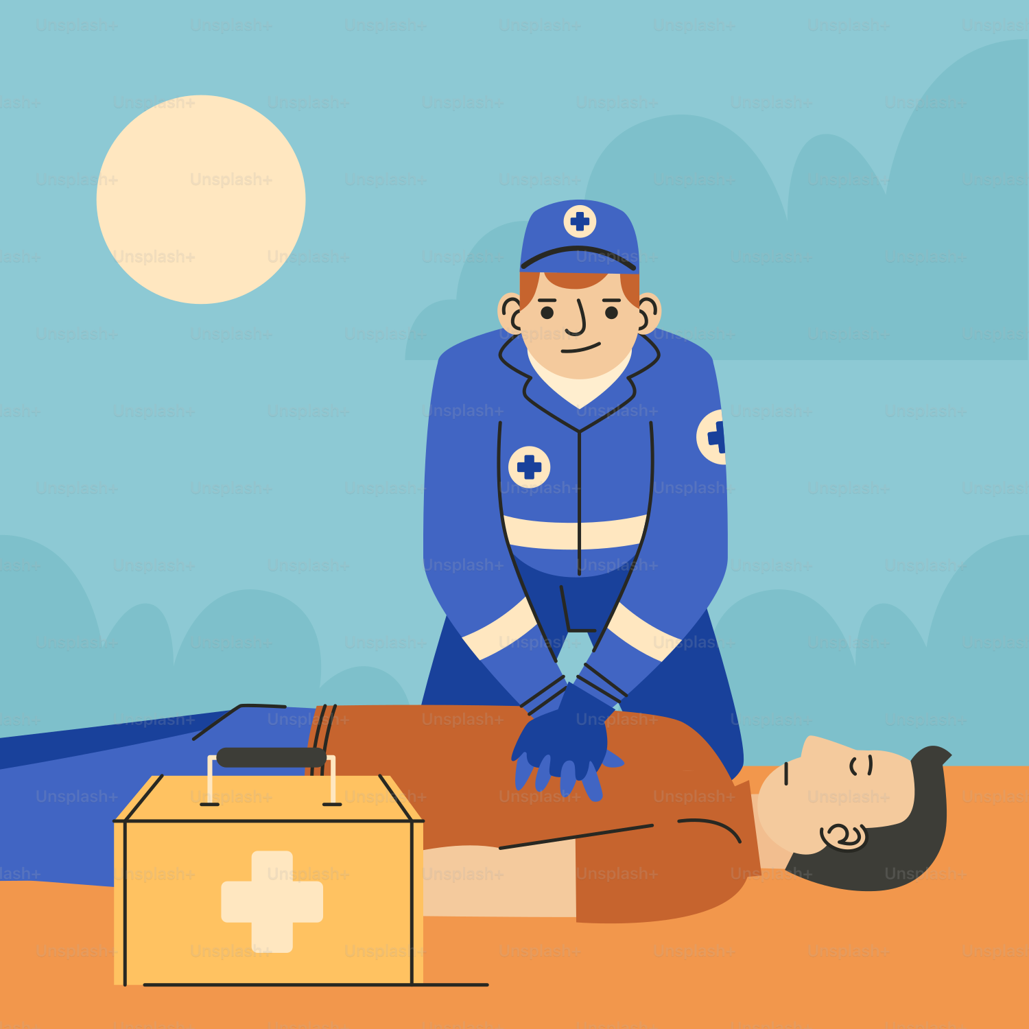 Paramedic gives chest compressions to a patient. vector – Illustration ...