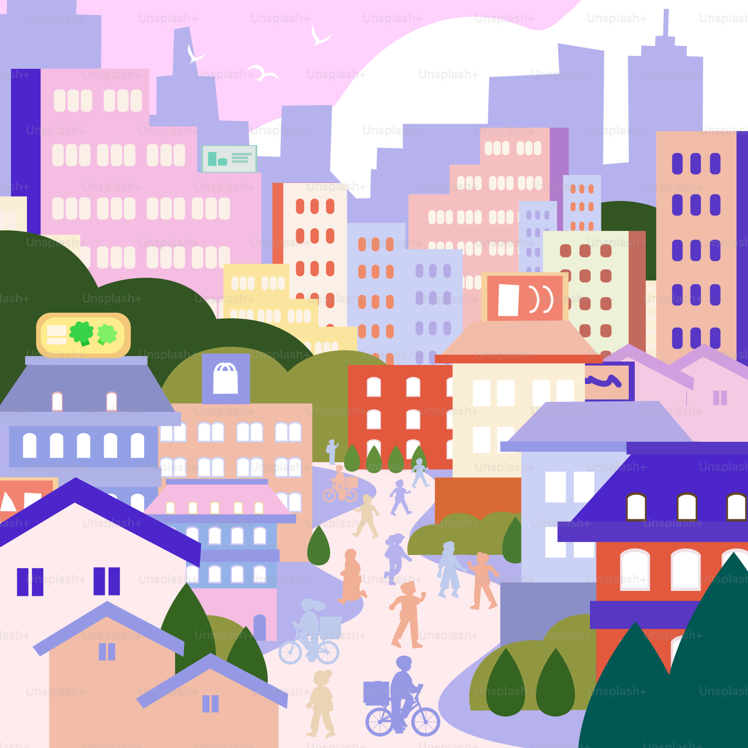 A colorful illustration depicts a lively cityscape. vector – City Image ...