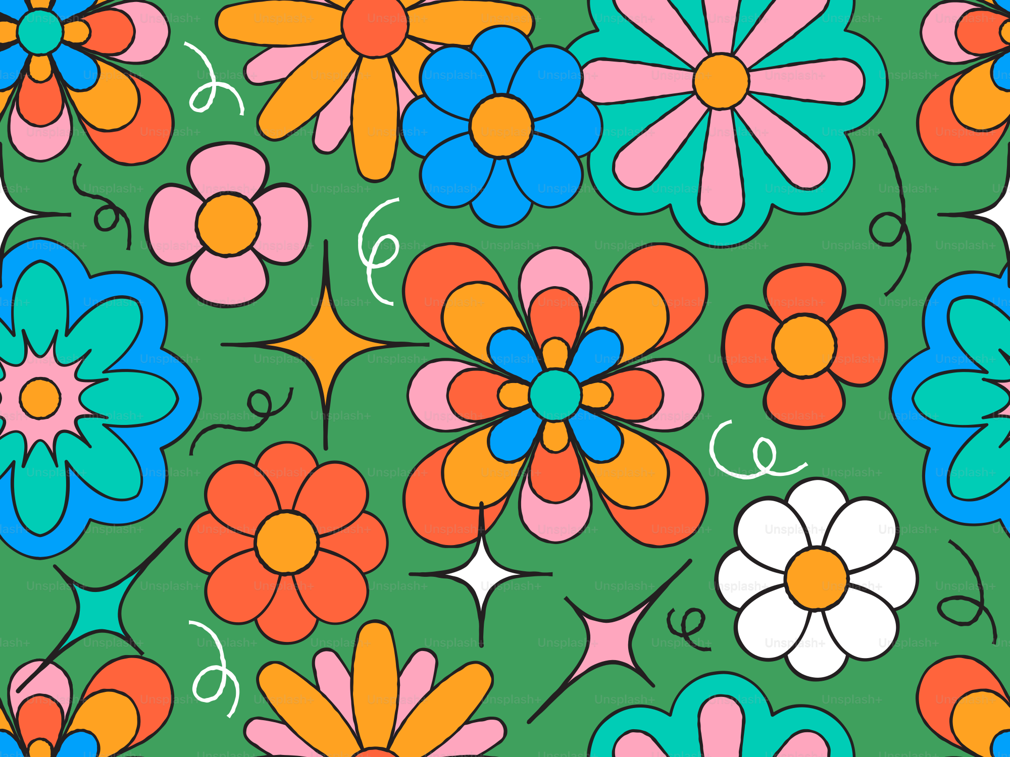 Colorful, retro flowers cover a green background. vector – Pattern ...