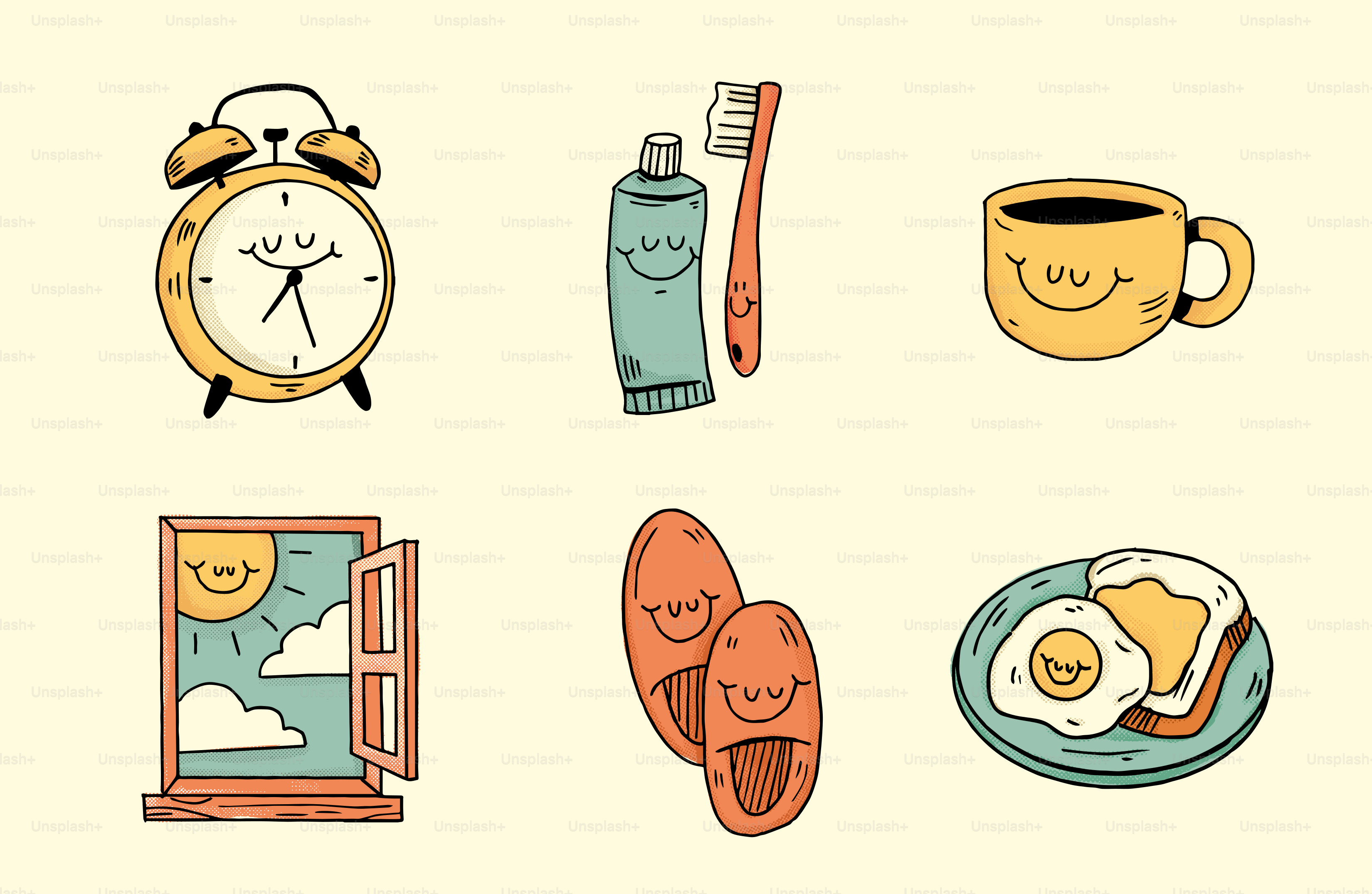 Happy morning routine essentials with smiley faces. vector ...