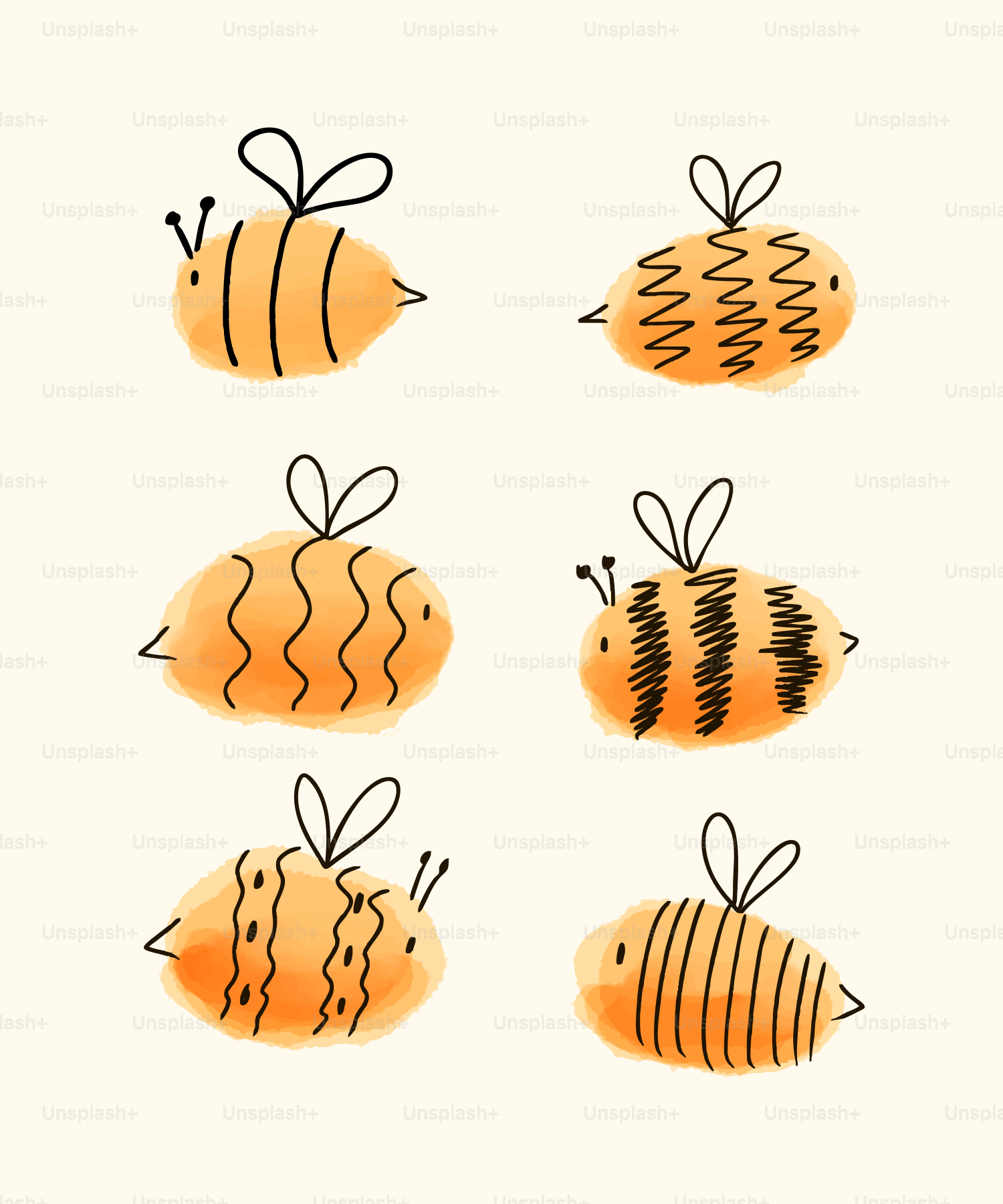 Vektor Lebah cat air yang menggemaskan dengan pola yang bervariasi ...