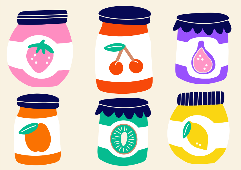 Jars of colorful jam with different fruit labels. vector – Illustration ...