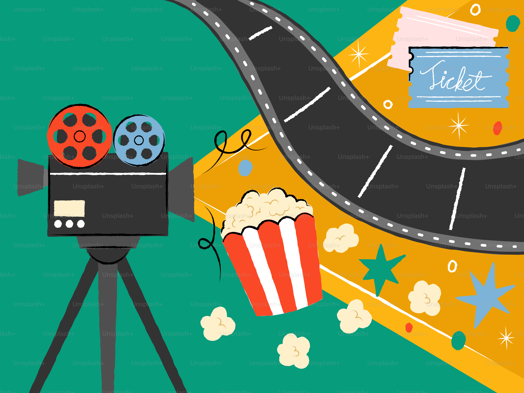 Movie camera, popcorn, and film. vector – Illustration Image on Unsplash