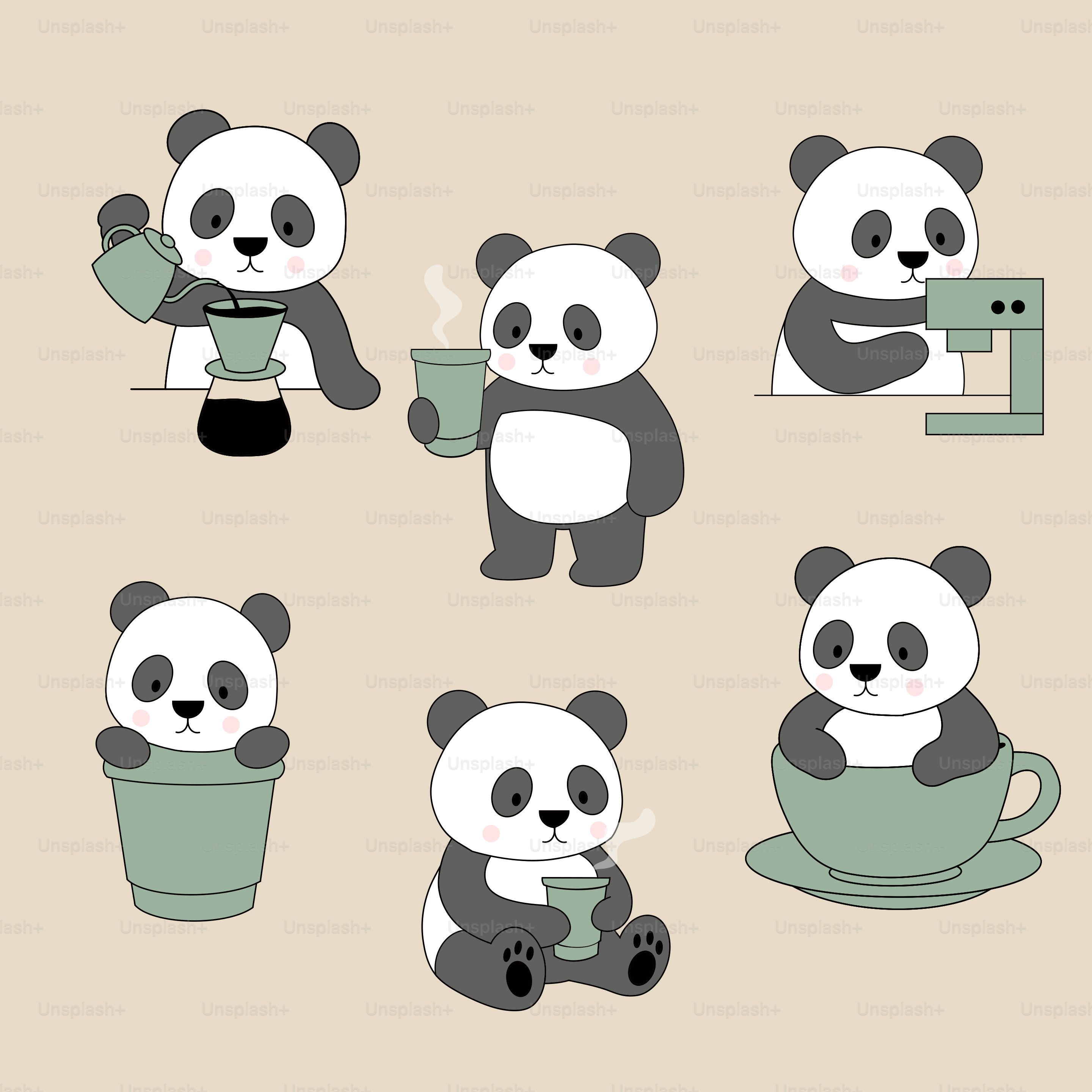 Vektor Panda menikmati kopi dengan berbagai cara kreatif. – Gambar Kopi ...