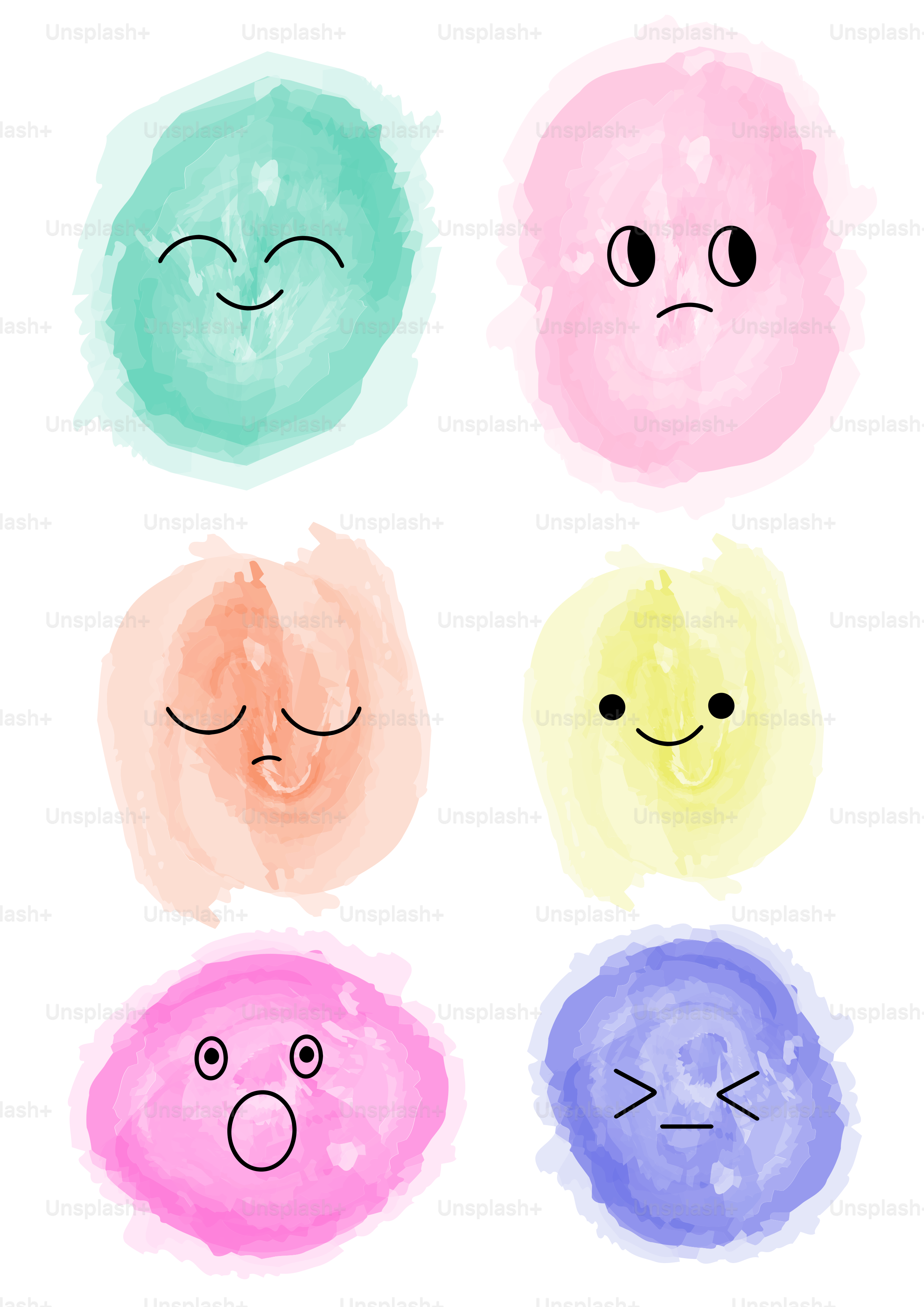 Watercolor blobs display different emotions and expressions. vector ...