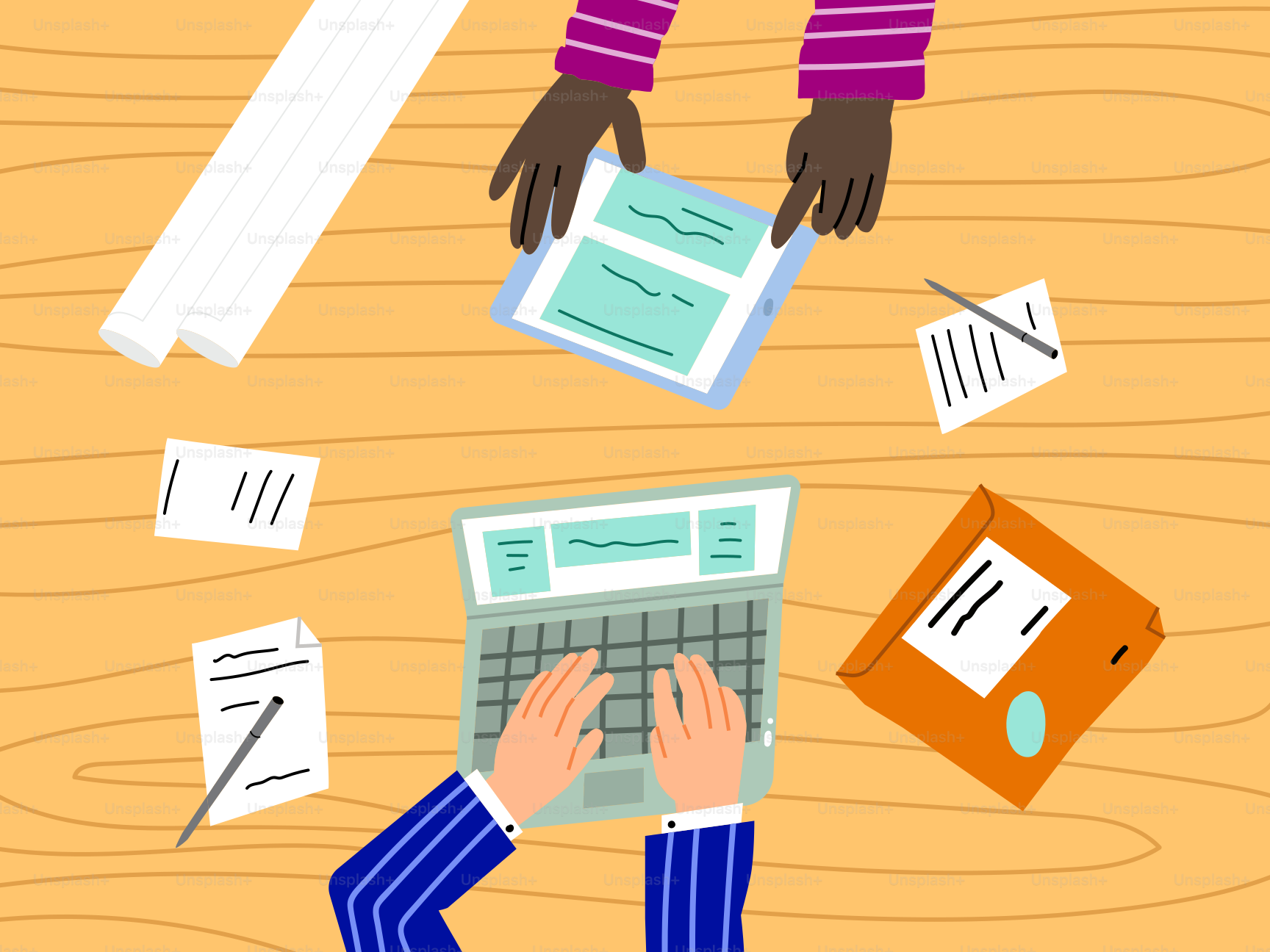 People are collaborating on a project at a desk. vector – Illustration ...