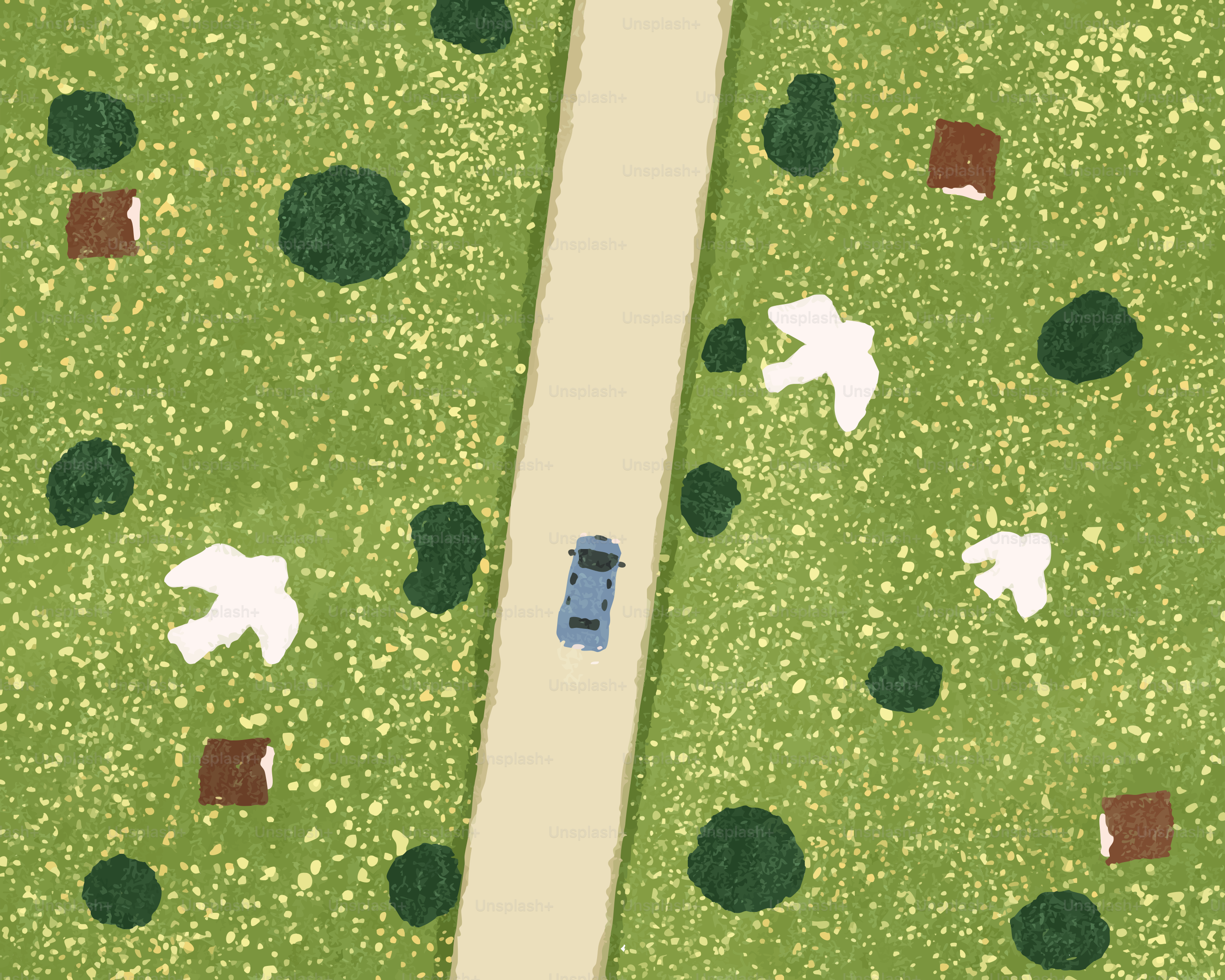 Vektor Sebuah mobil melaju menyusuri jalan setapak yang dikelilingi ...