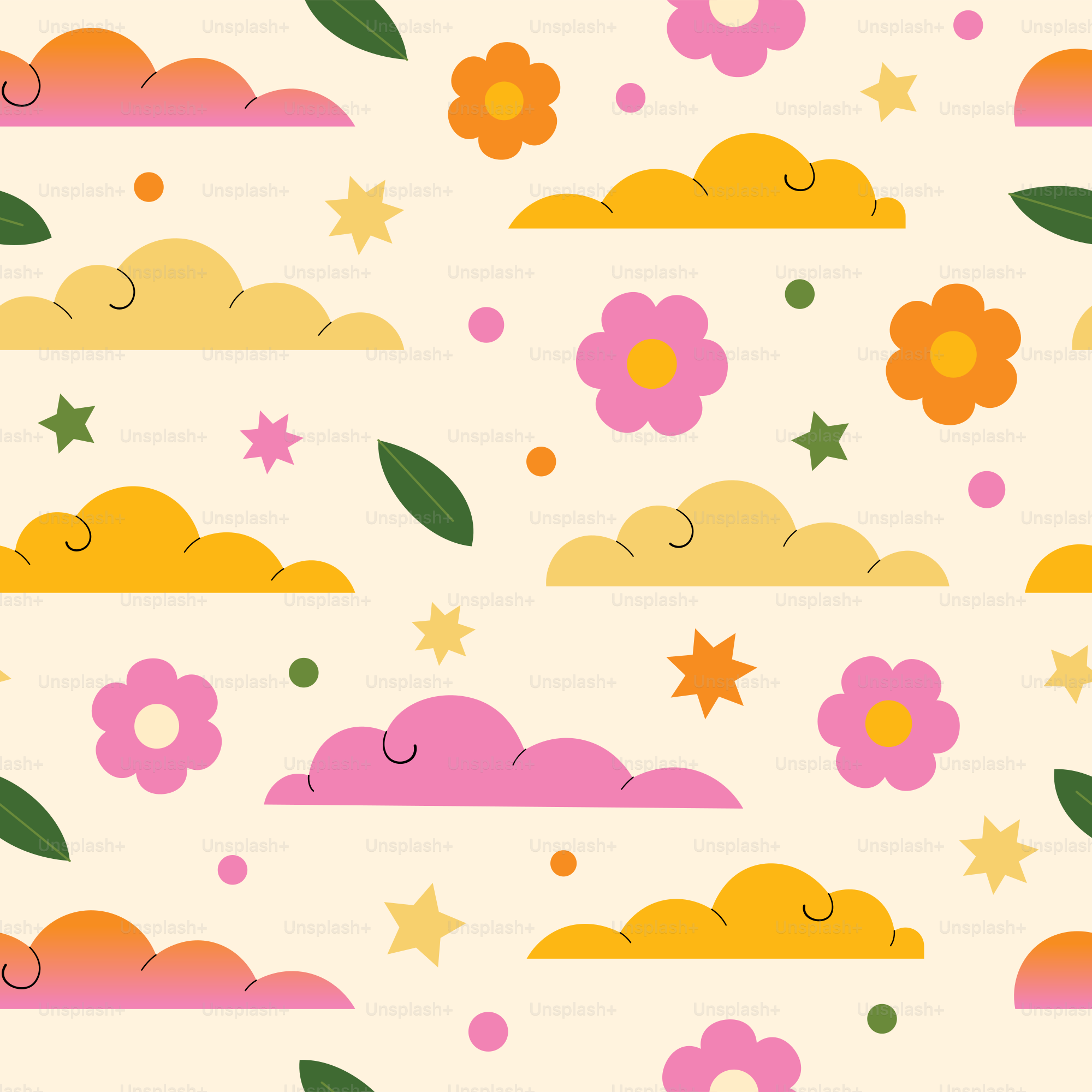 Vektor Pola awan, bunga, dan bintang yang cerah dan berwarna-warni ...