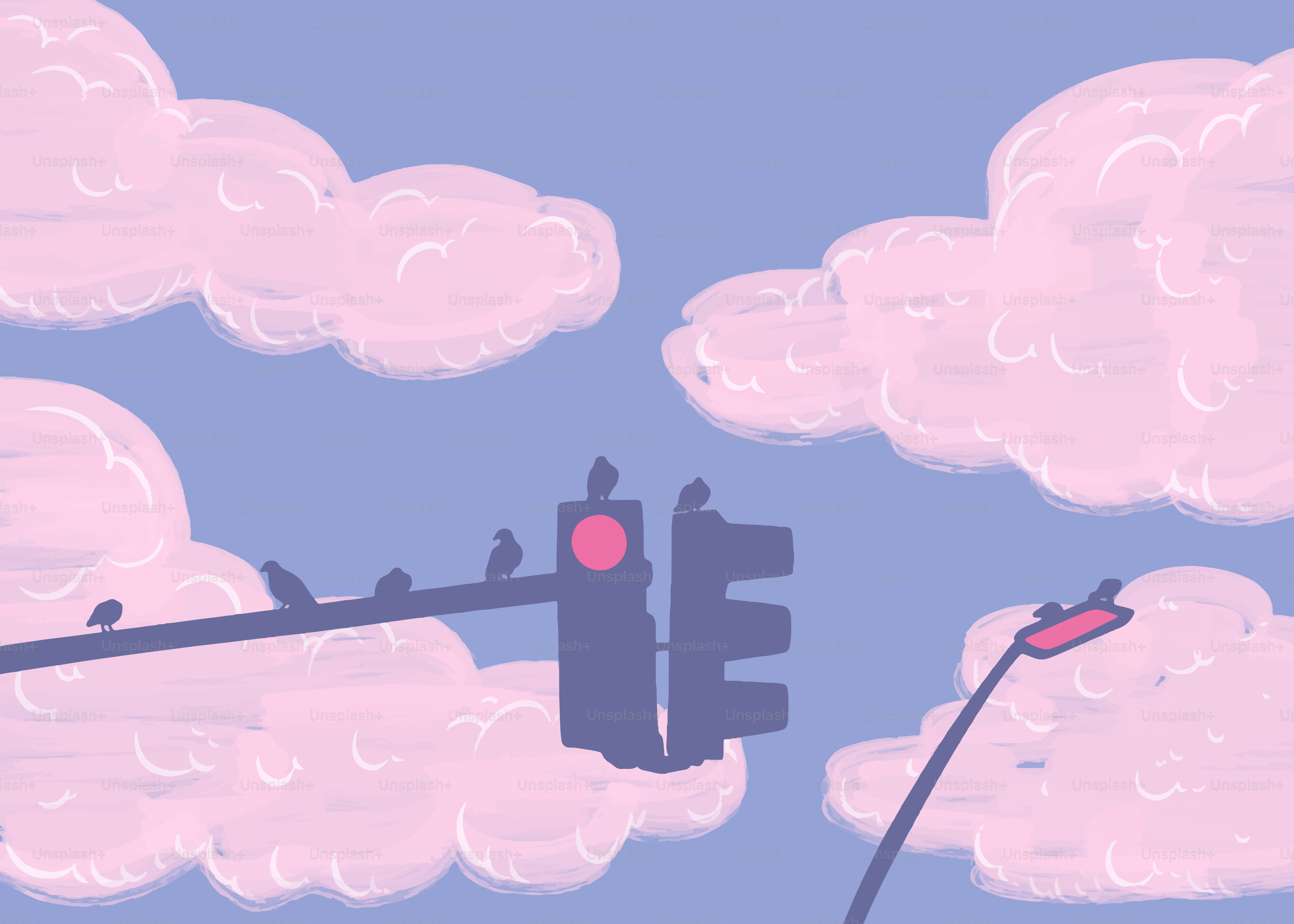 Birds perch on a street light with a red traffic signal. vector ...