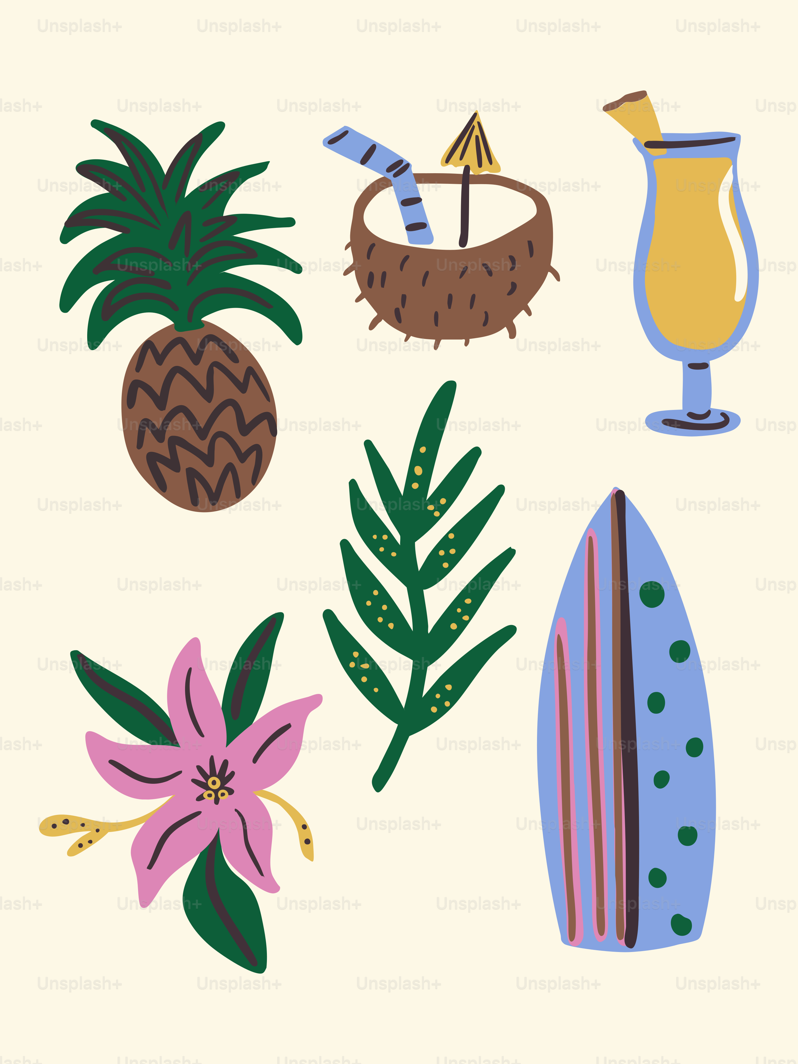 Tropical summer illustrations: pineapple, drinks, and surfboard. vector ...