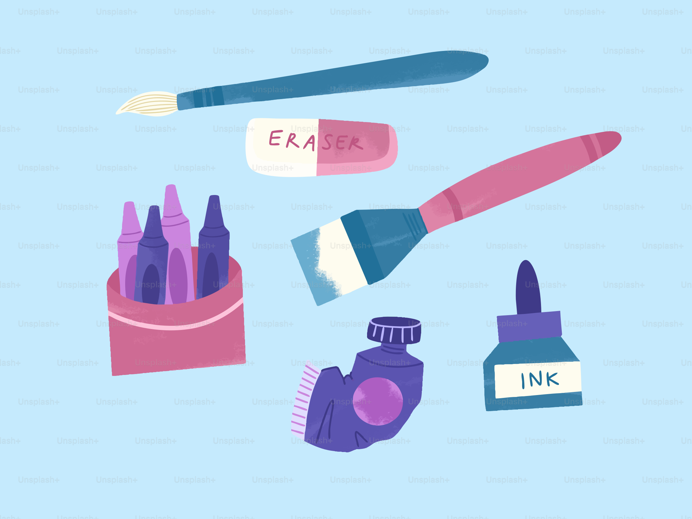Art supplies like paintbrushes, crayons, and ink. vector – Illustration ...