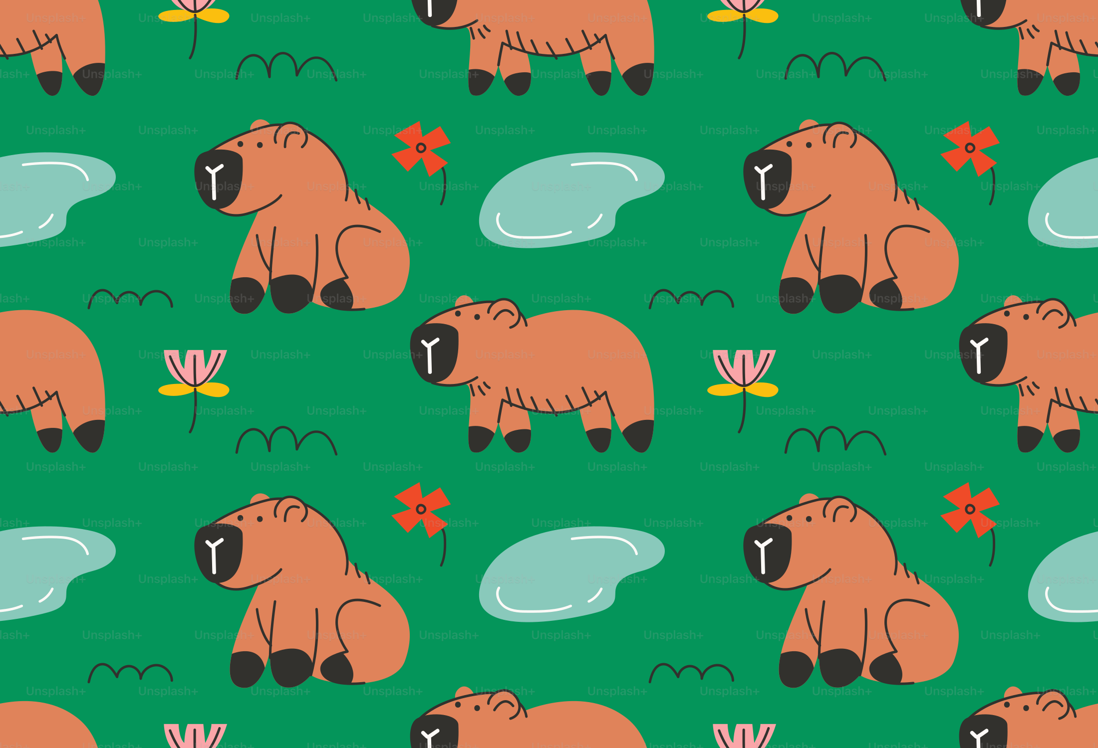 Capybaras, flowers, and water are on a green background. vector ...