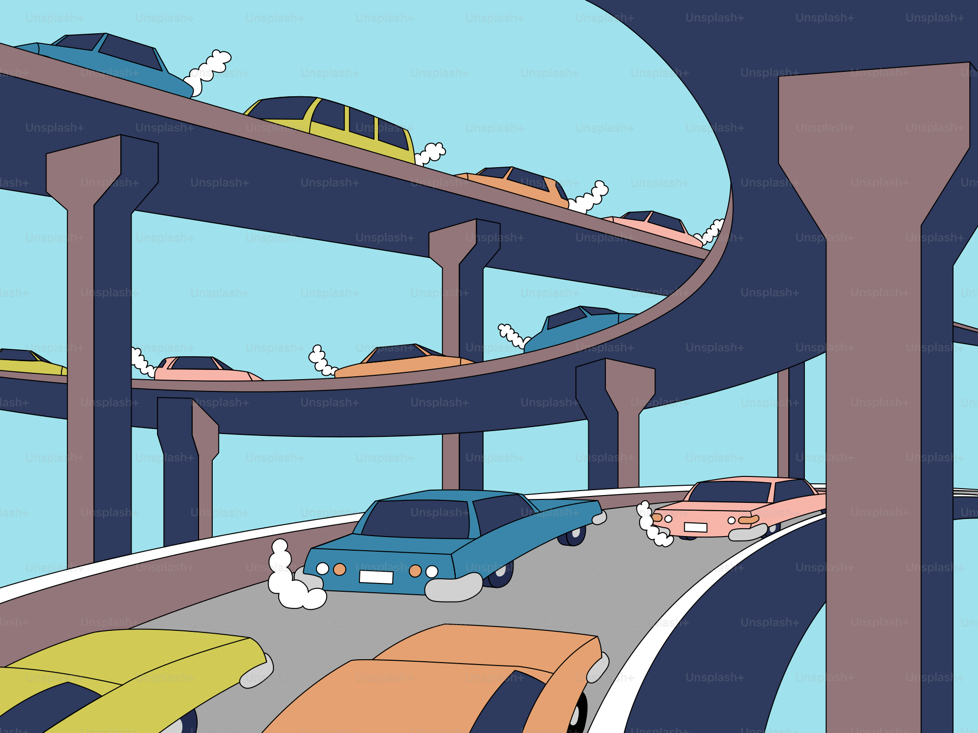 Cars drive on an elevated freeway with many levels. vector – Travel ...