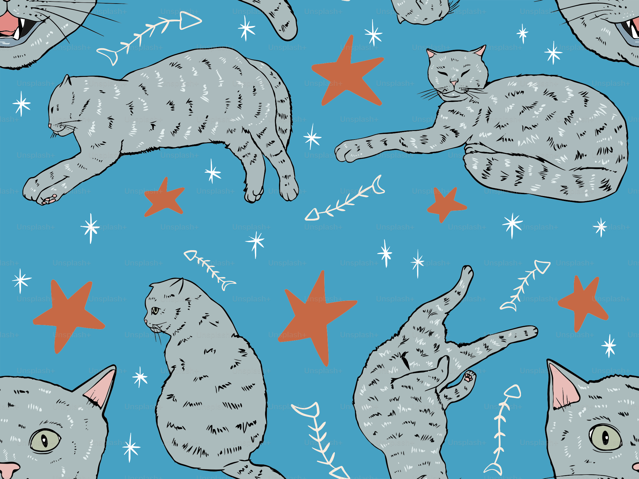 Cats, stars, and fish bones make a fun pattern. vector – Wallpaper ...