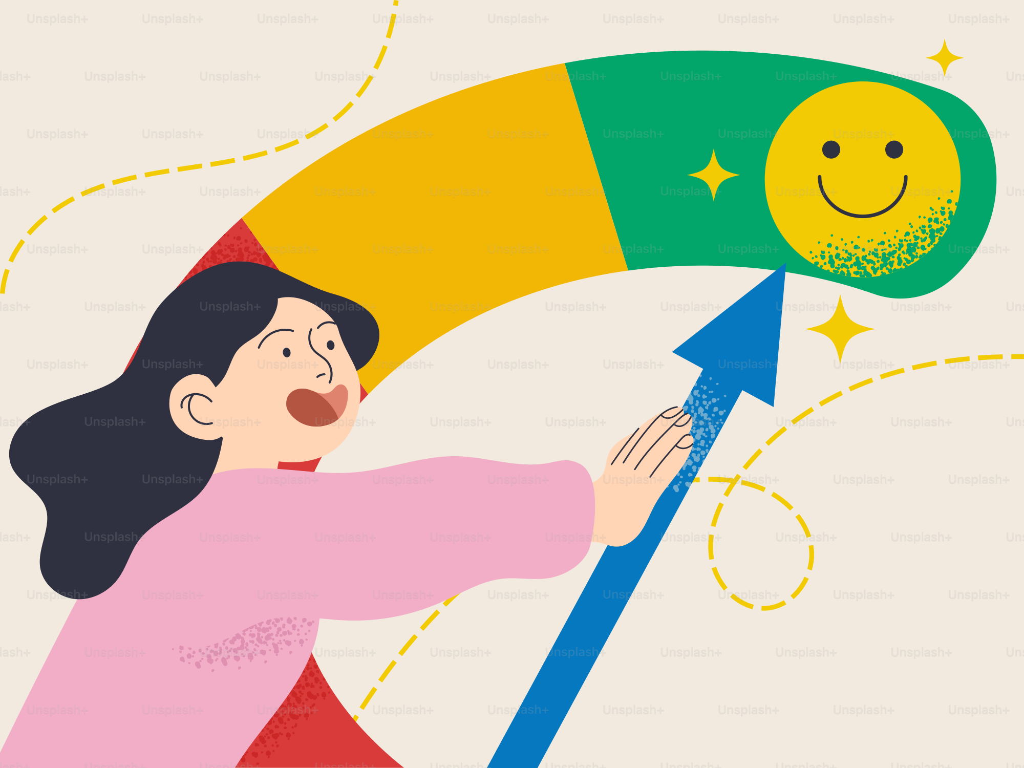 A woman is boosting her mood with an arrow. vector – Illustration Image ...
