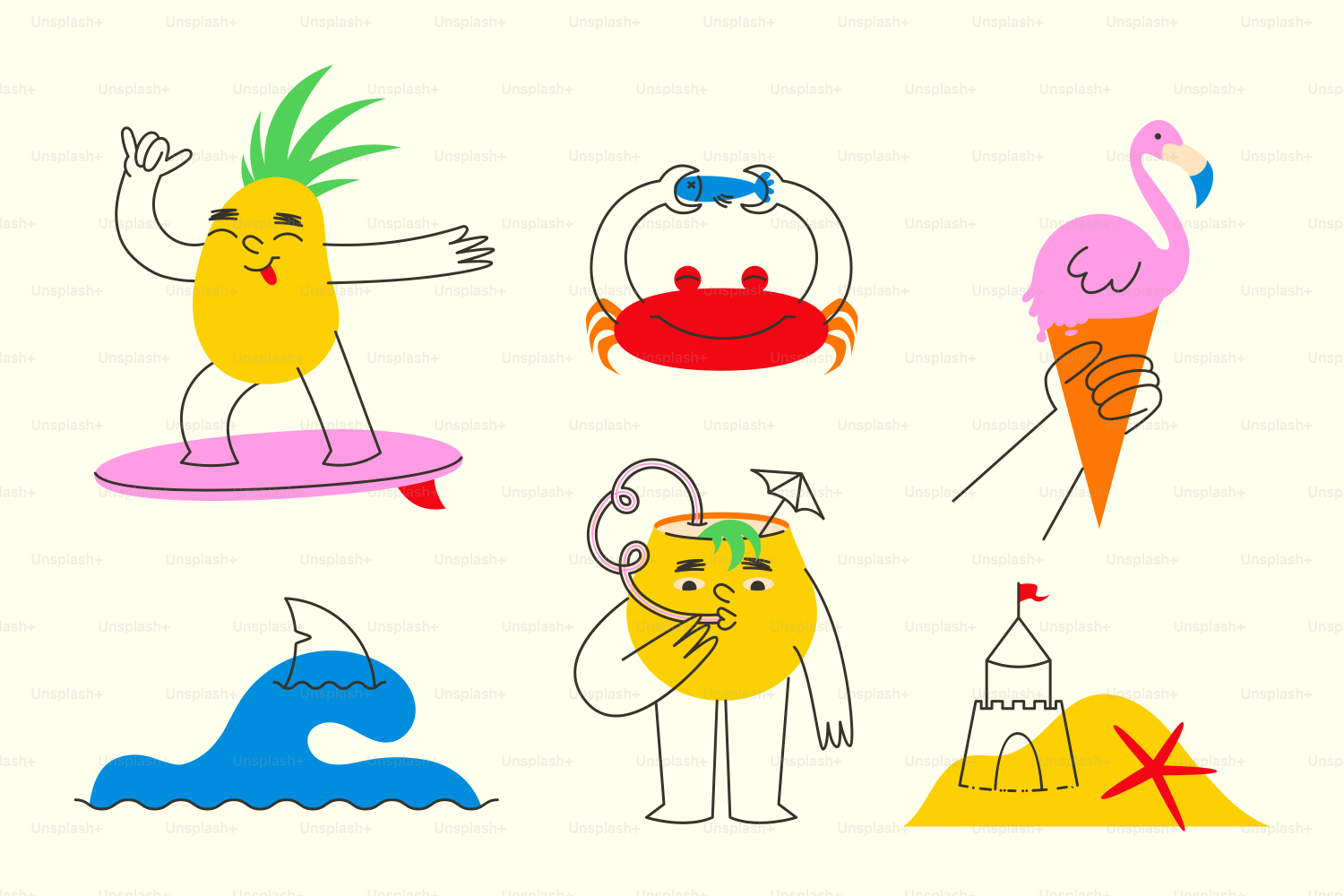 Summer-themed illustrations of a pineapple, crab, and flamingo. vector ...