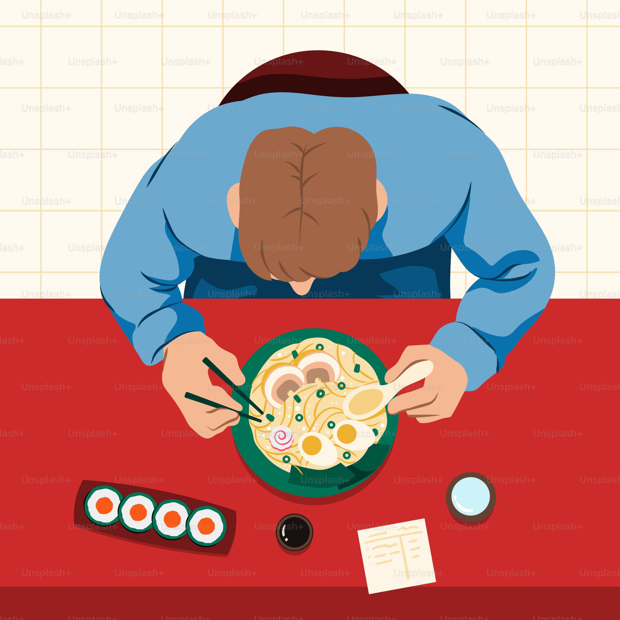 Vektor Seseorang makan ramen di sebuah restoran. – Gambar Makanan di ...