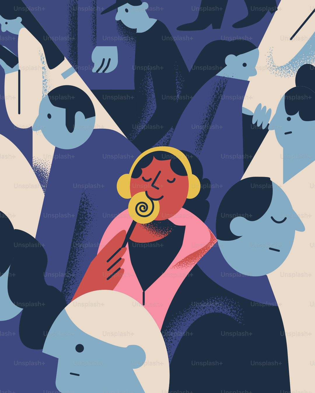 Vektor Wanita menikmati permen lolipop di tengah keramaian. – Gambar ...