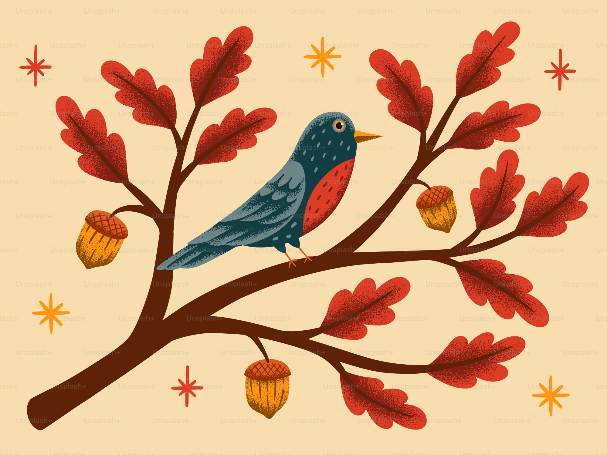 A blue bird sits on a branch with acorns. vector – Wallpaper Image on ...